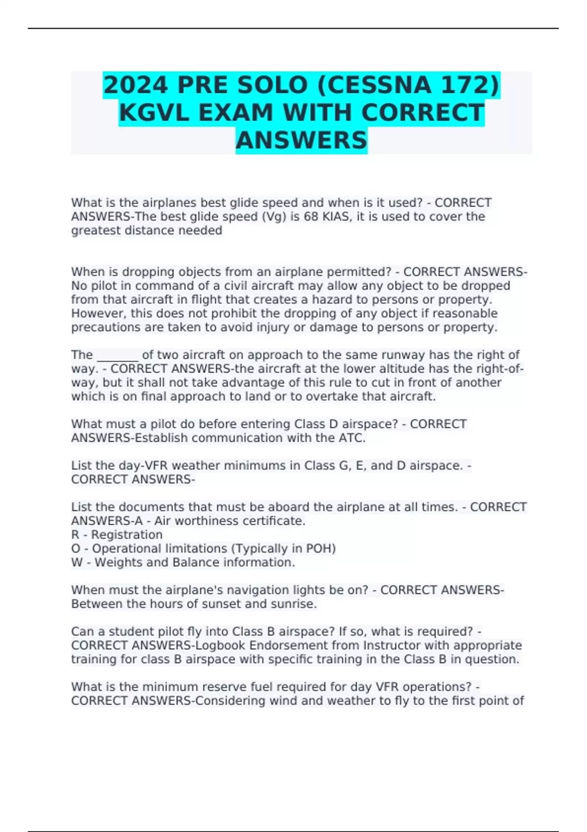 2024 PRE SOLO (CESSNA 172) KGVL EXAM WITH CORRECT ANSWERS - PRE SOLO KGVL - Stuvia US