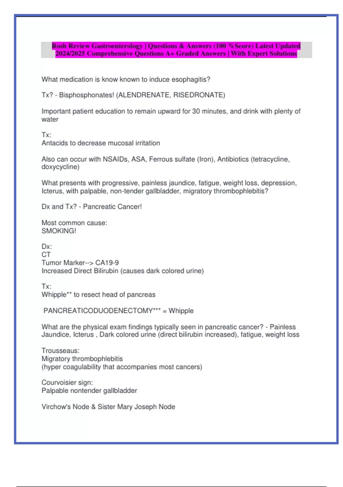 Rosh Review Gastroenterology | Questions & Answers (100 %Score) Latest ...