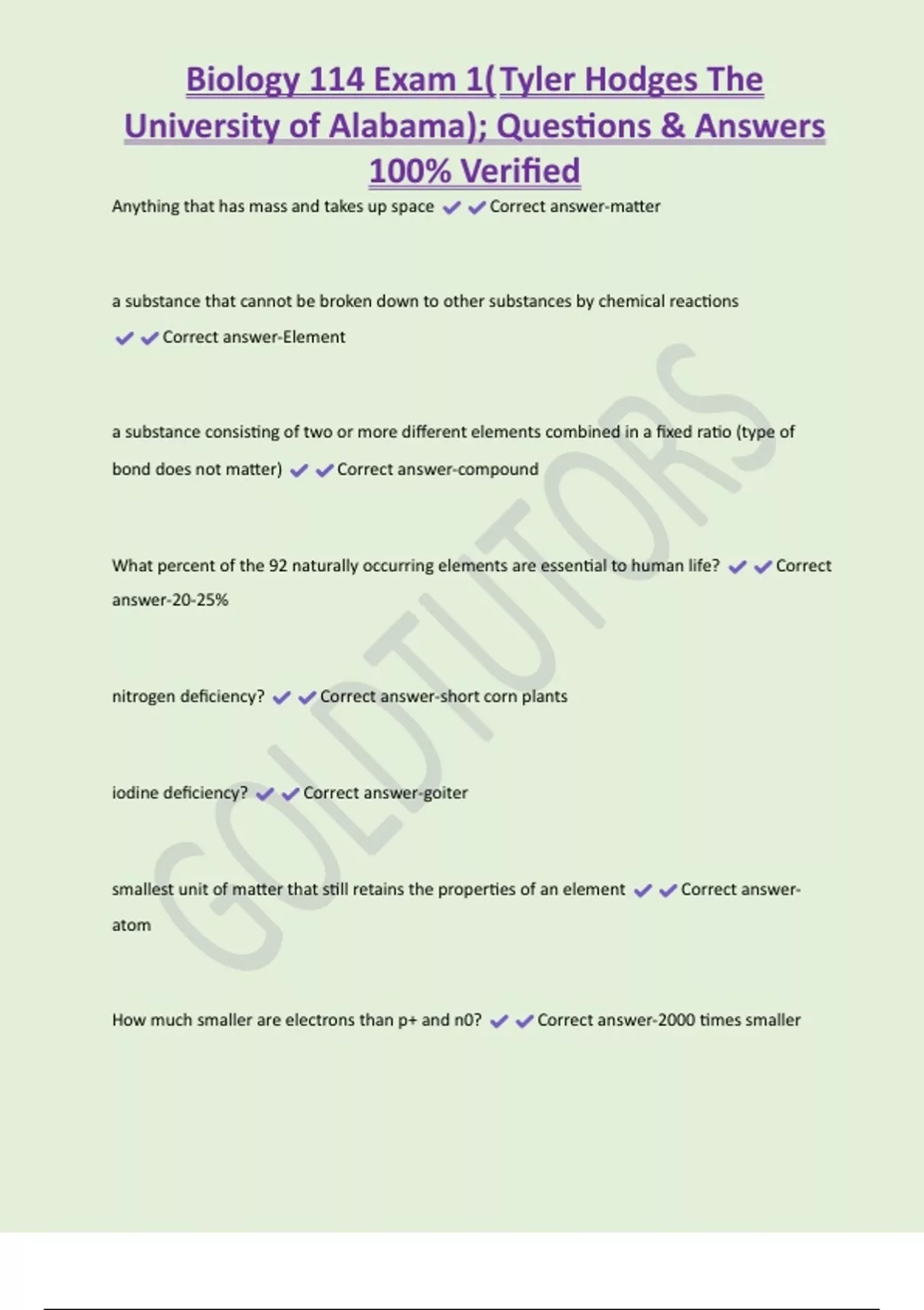 Biology 114 Exam 1(Tyler Hodges The University of Alabama); Questions ...