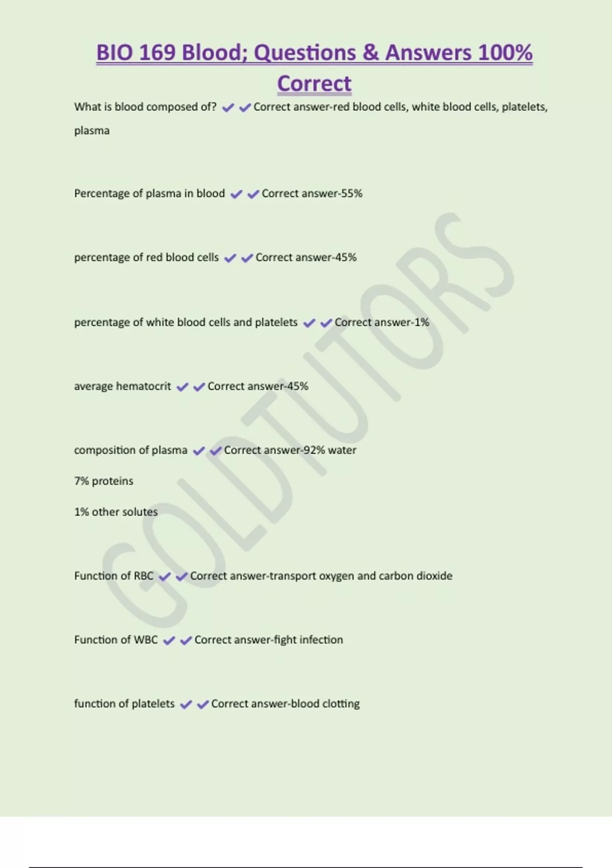 BIO 169 Blood; Questions & Answers 100% Correct - Bio 169 - Stuvia US