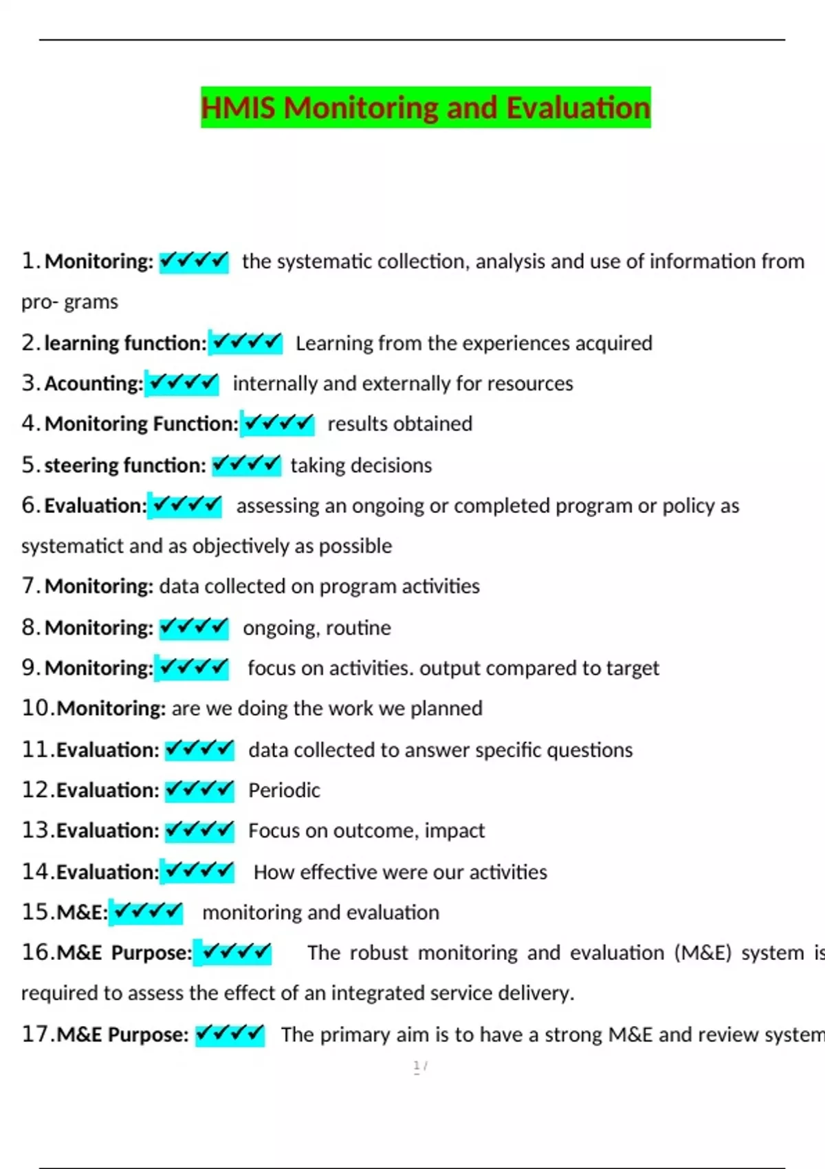 ICTM: HMIS Monitoring and Evaluation Questions With Complete Solutions - ICTM - Stuvia US
