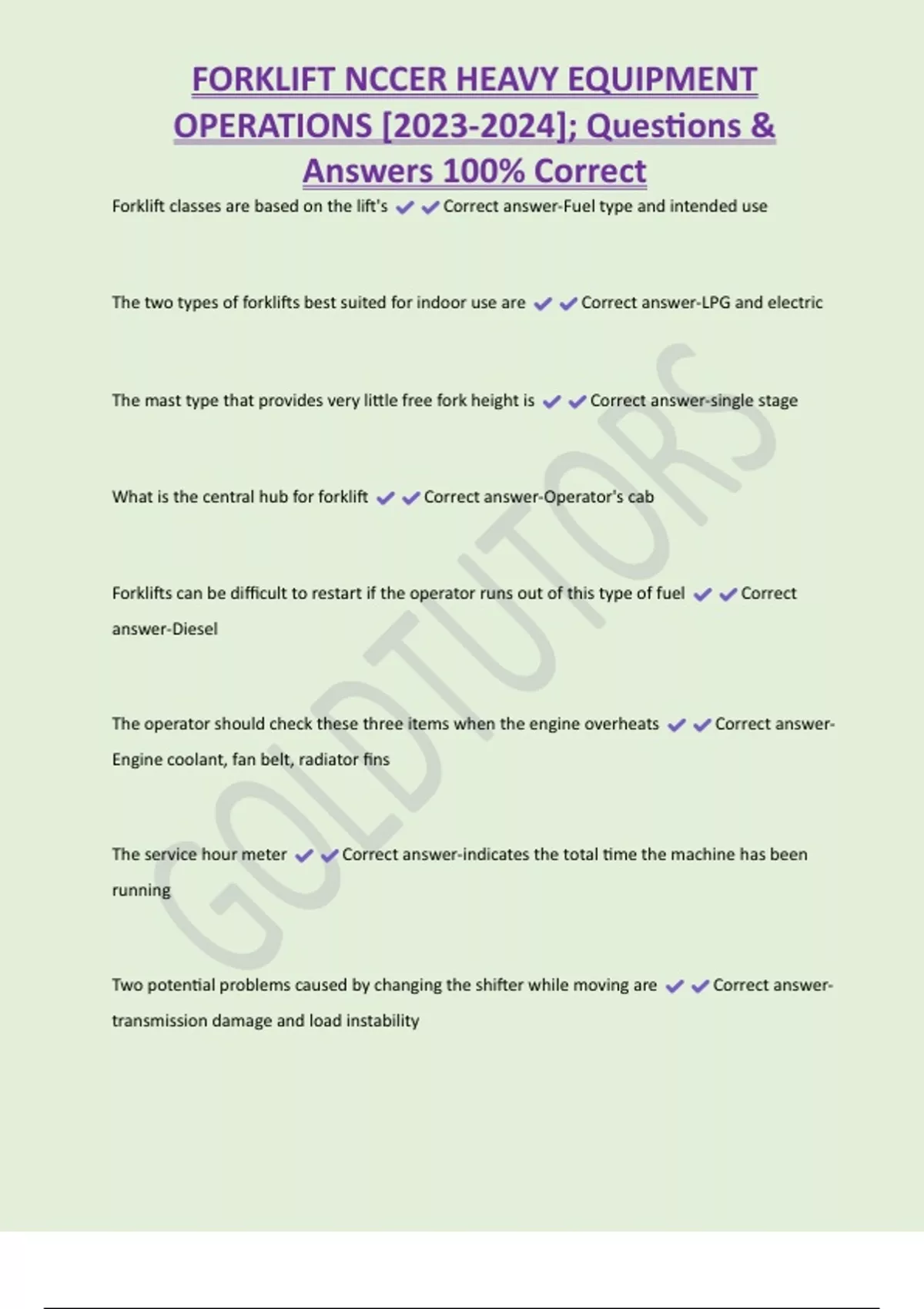 FORKLIFT NCCER HEAVY EQUIPMENT OPERATIONS []; Questions & Answers 100% Correct - Forklif - Stuvia UK