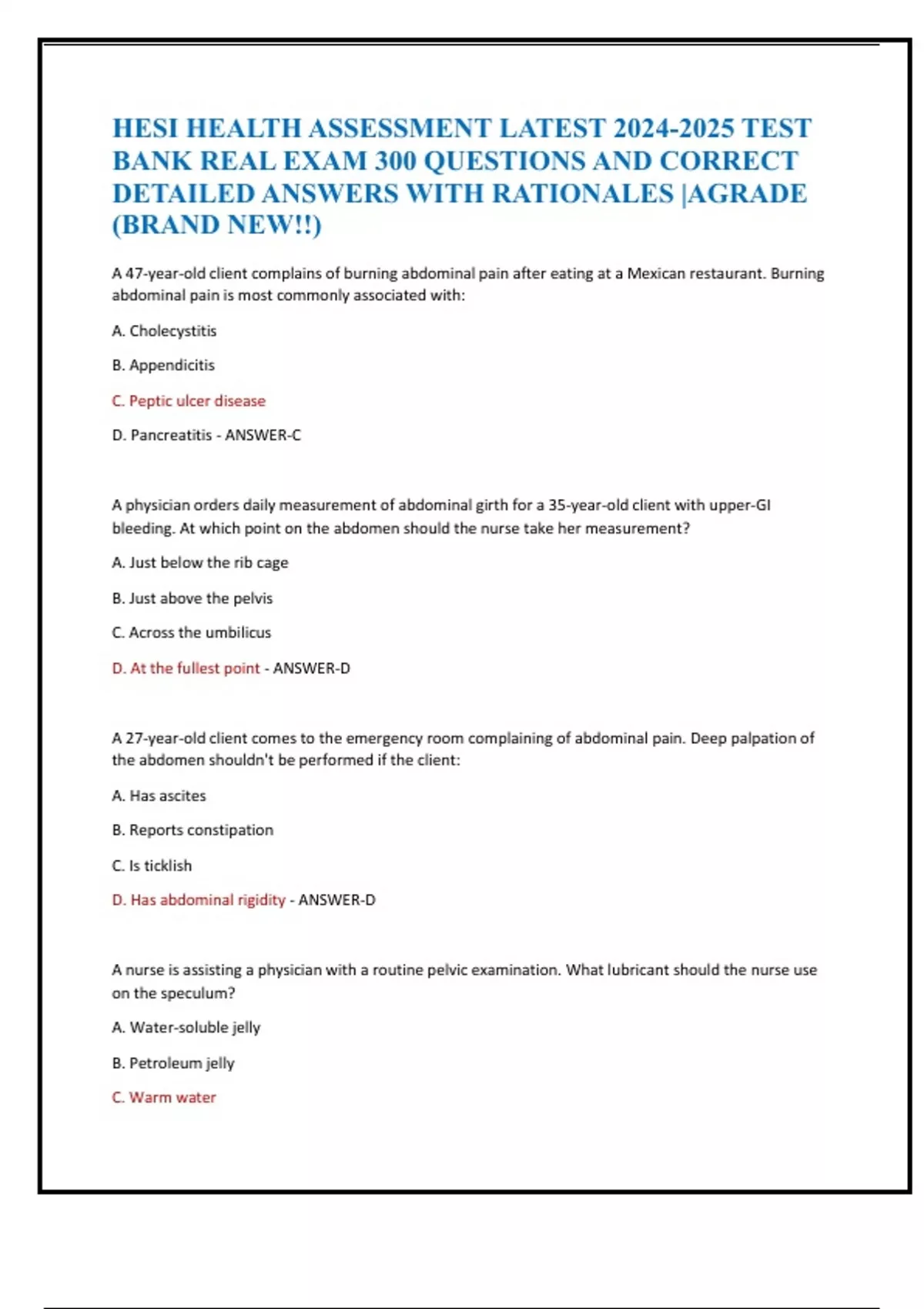 HESI HEALTH ASSESSMENT LATEST TEST BANK REAL EXAM 300 QUESTIONS AND ...