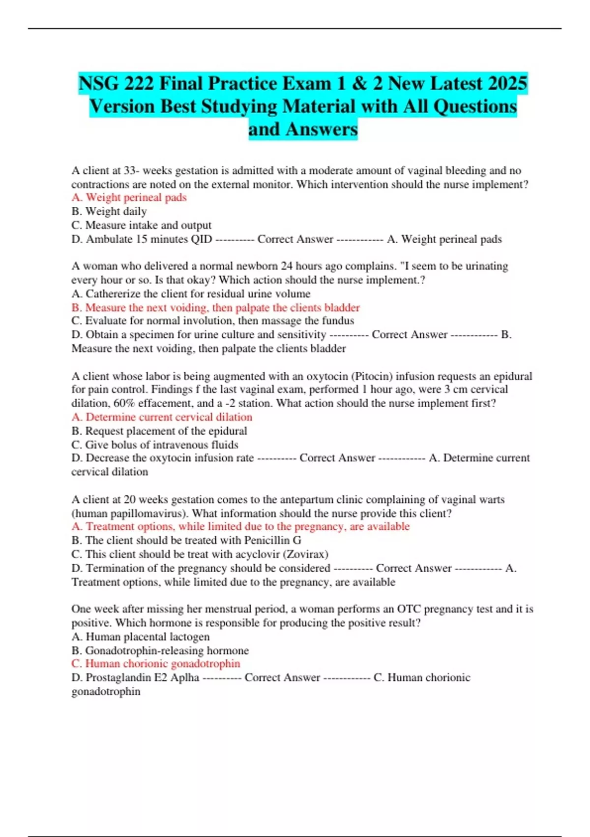 NSG 222 Final Practice Exam 1 & 2 New Latest 2025 Version Best Studying ...