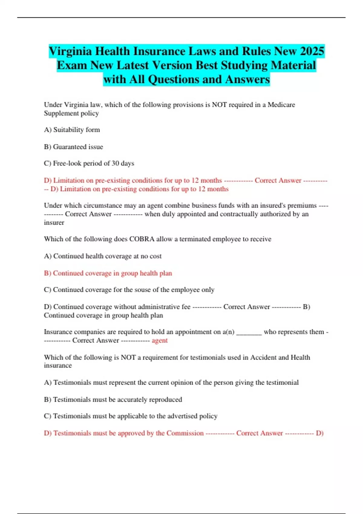 Virginia Health Insurance Laws and Rules New 2025 Exam New Latest ...