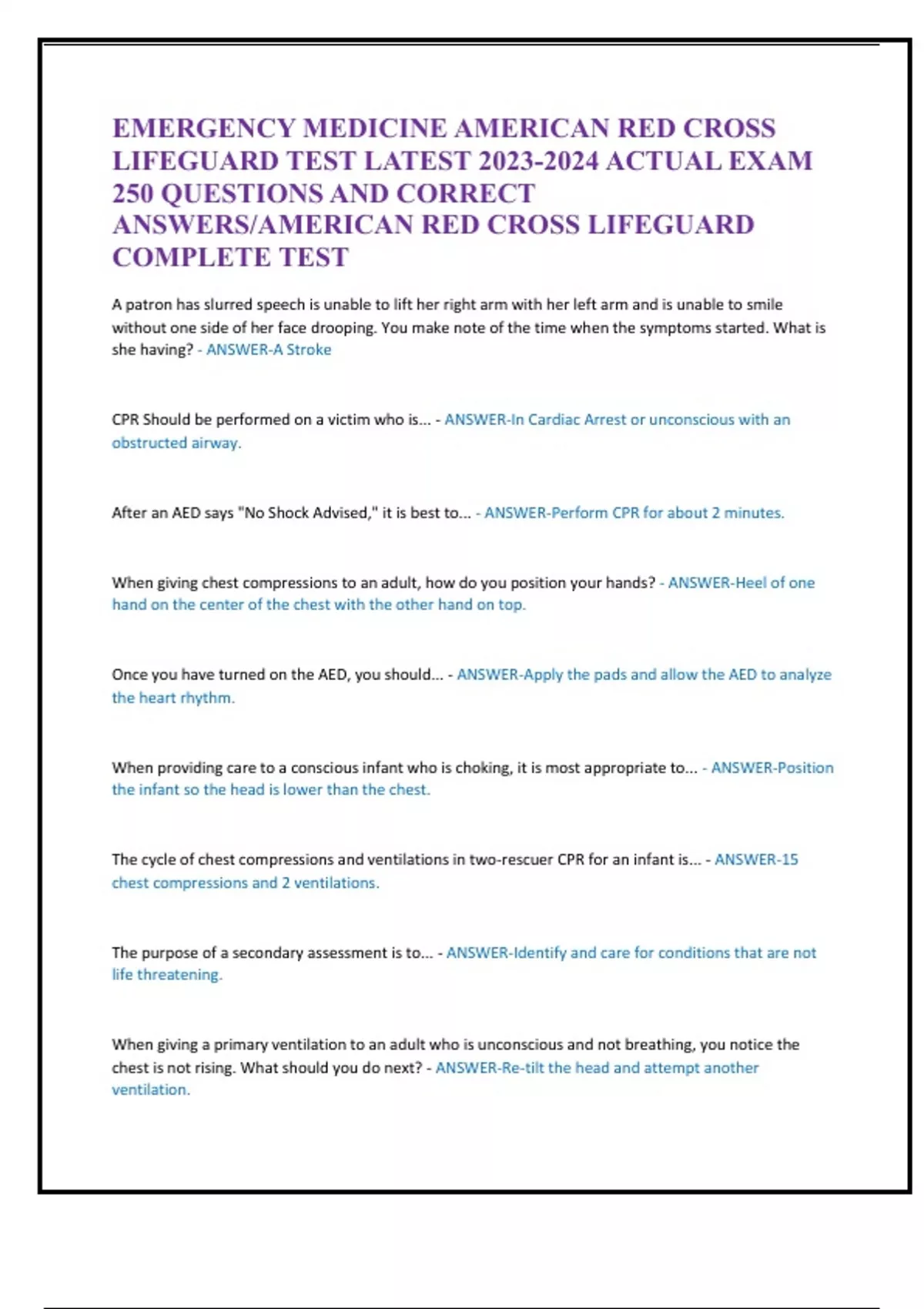 EMERGENCY MEDICINE AMERICAN RED CROSS LIFEGUARD TEST LATEST ACTUAL EXAM ...