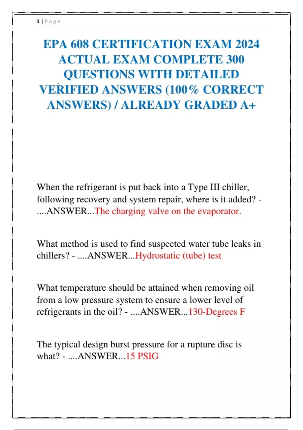 EPA 608 CERTIFICATION EXAM 2024 ACTUAL EXAM COMPLETE 300 QUESTIONS WITH ...