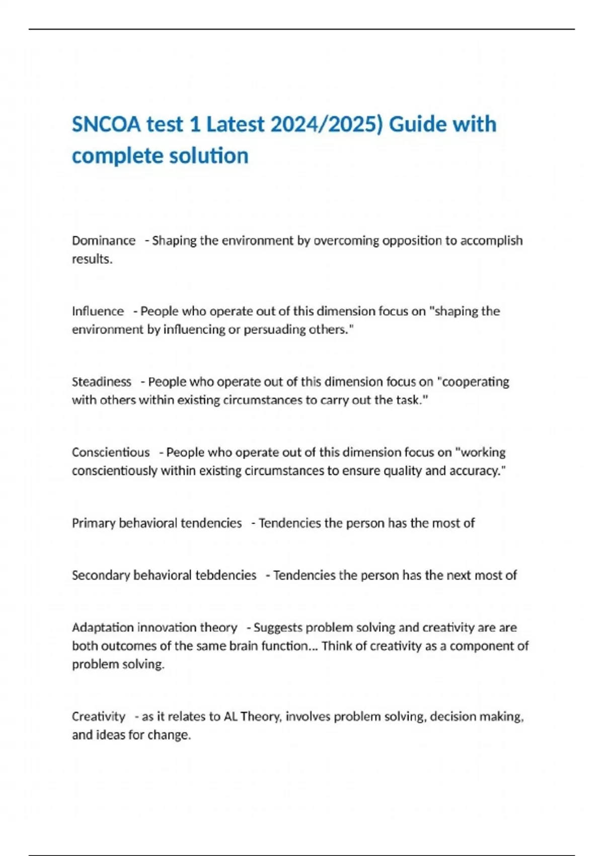 SNCOA test 1 Latest 2024/2025) Guide with complete solution - SNCOA ...