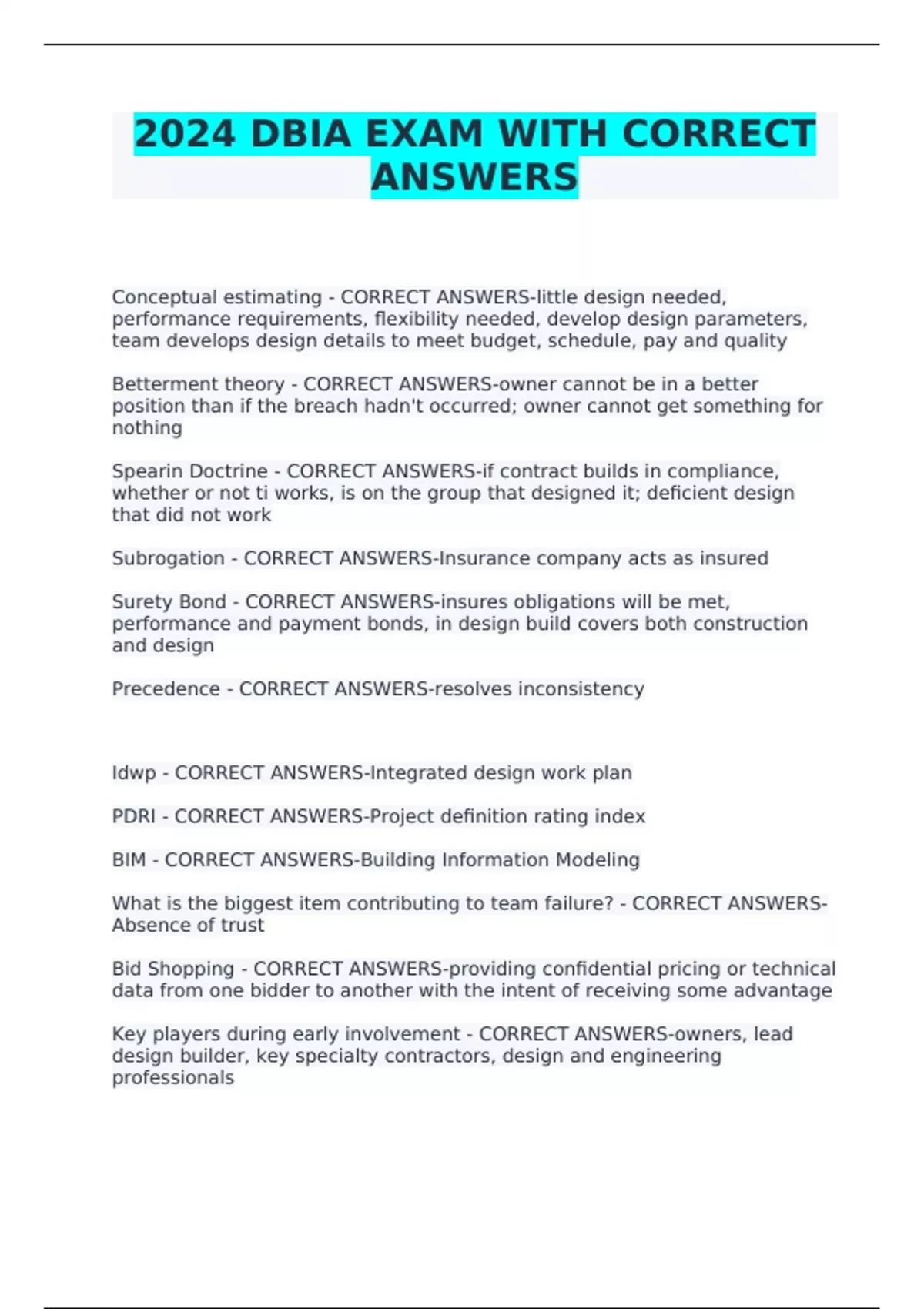 2024 DBIA EXAM WITH CORRECT ANSWERS - DBIA - Stuvia US
