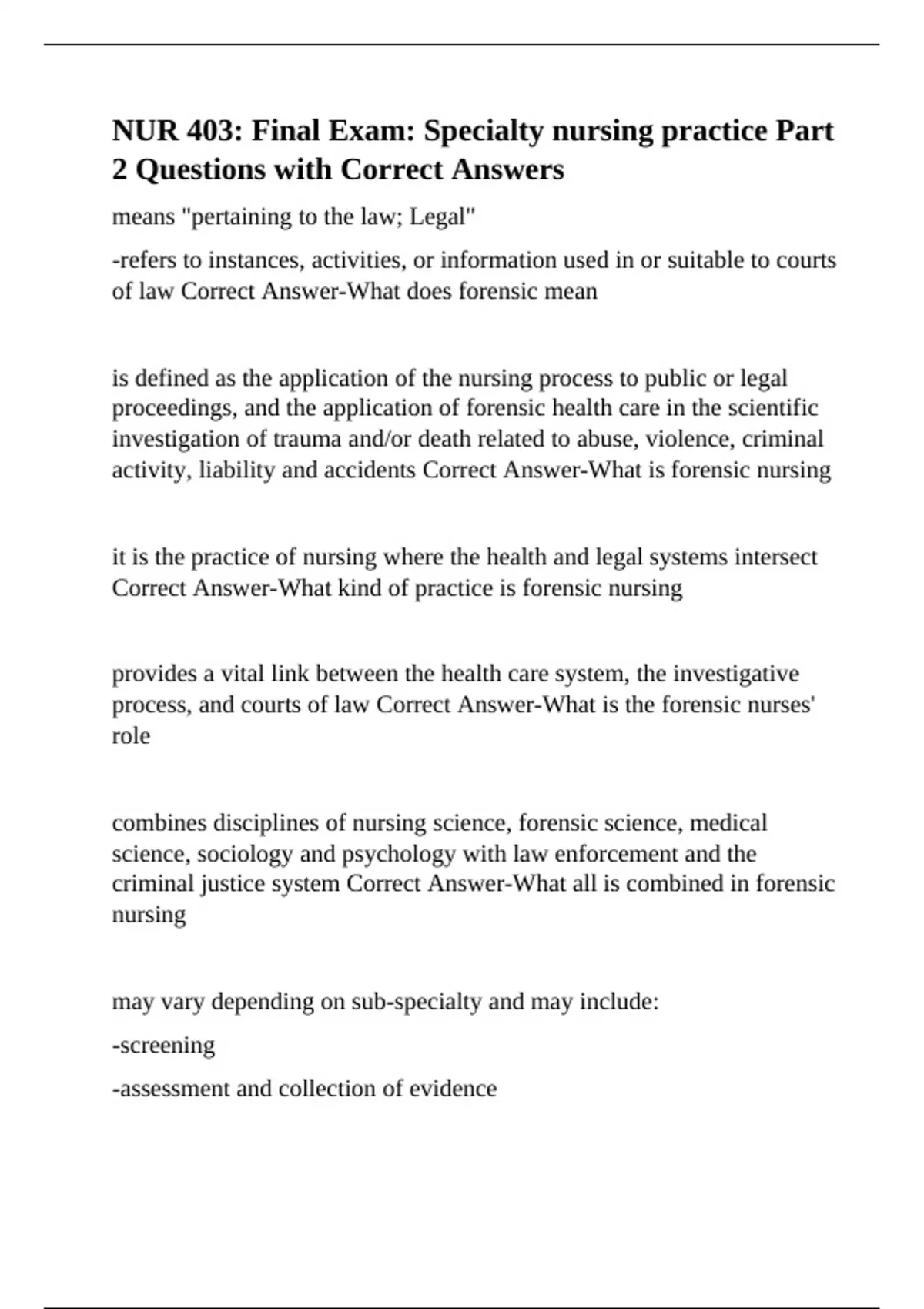NUR 403: Final Exam: Specialty nursing practice Part 2 Questions with Correct Answers - Nurs ...