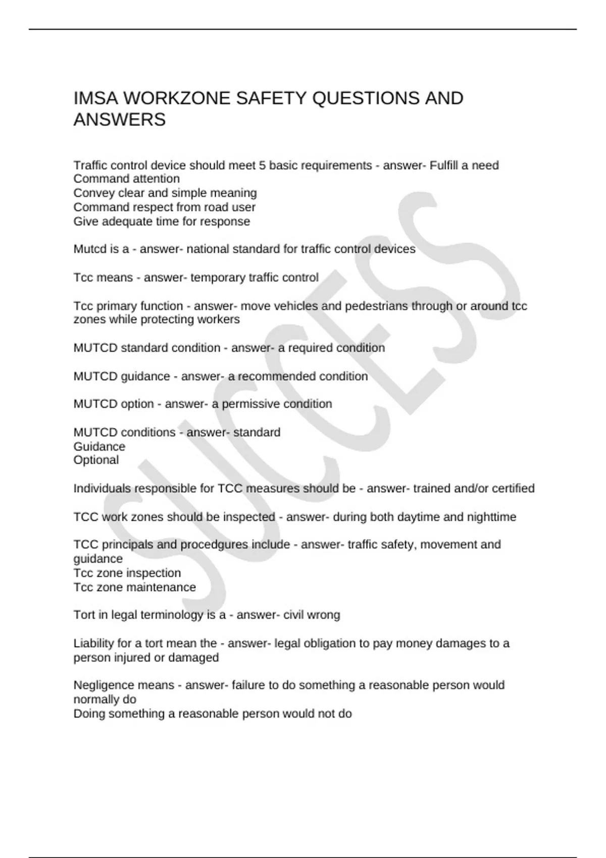 IMSA WORKZONE SAFETY QUESTIONS AND ANSWERS - IMSA WORKZONE SAFETY ...