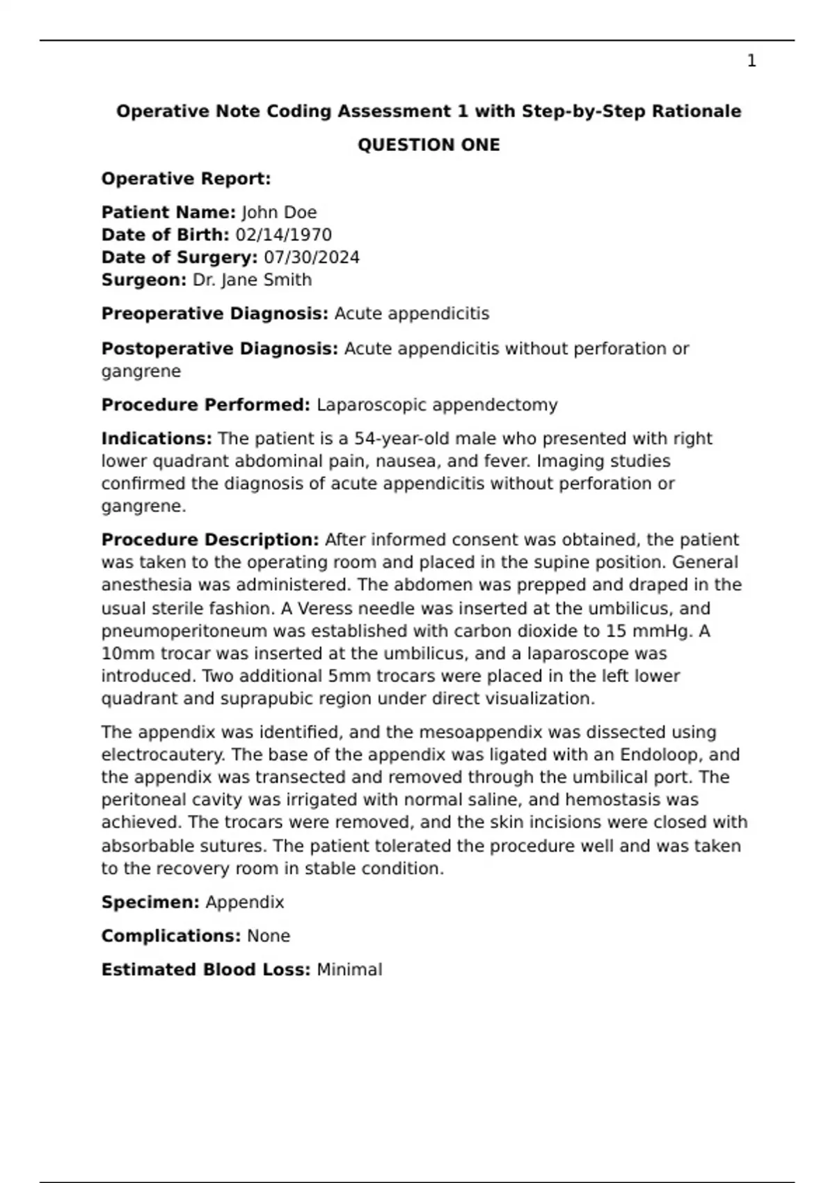 Operative Note Coding Assessment 1 with Step-by-Step Rationale ...