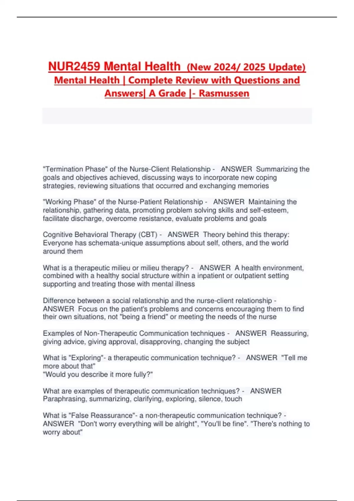 NUR2459 Mental Health (New 2024/ 2025 Update) Mental Health | Complete ...