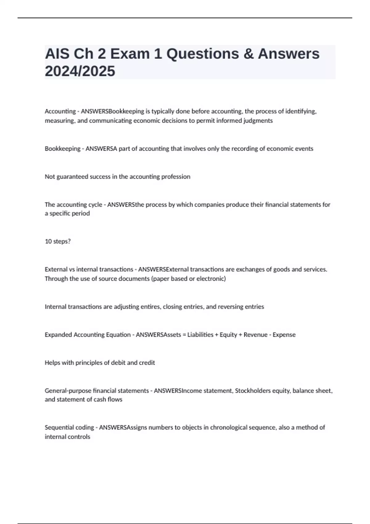 AIS Ch 2 Exam 1 Questions & Answers 2024/2025 - AIS Ch 2 - Stuvia US