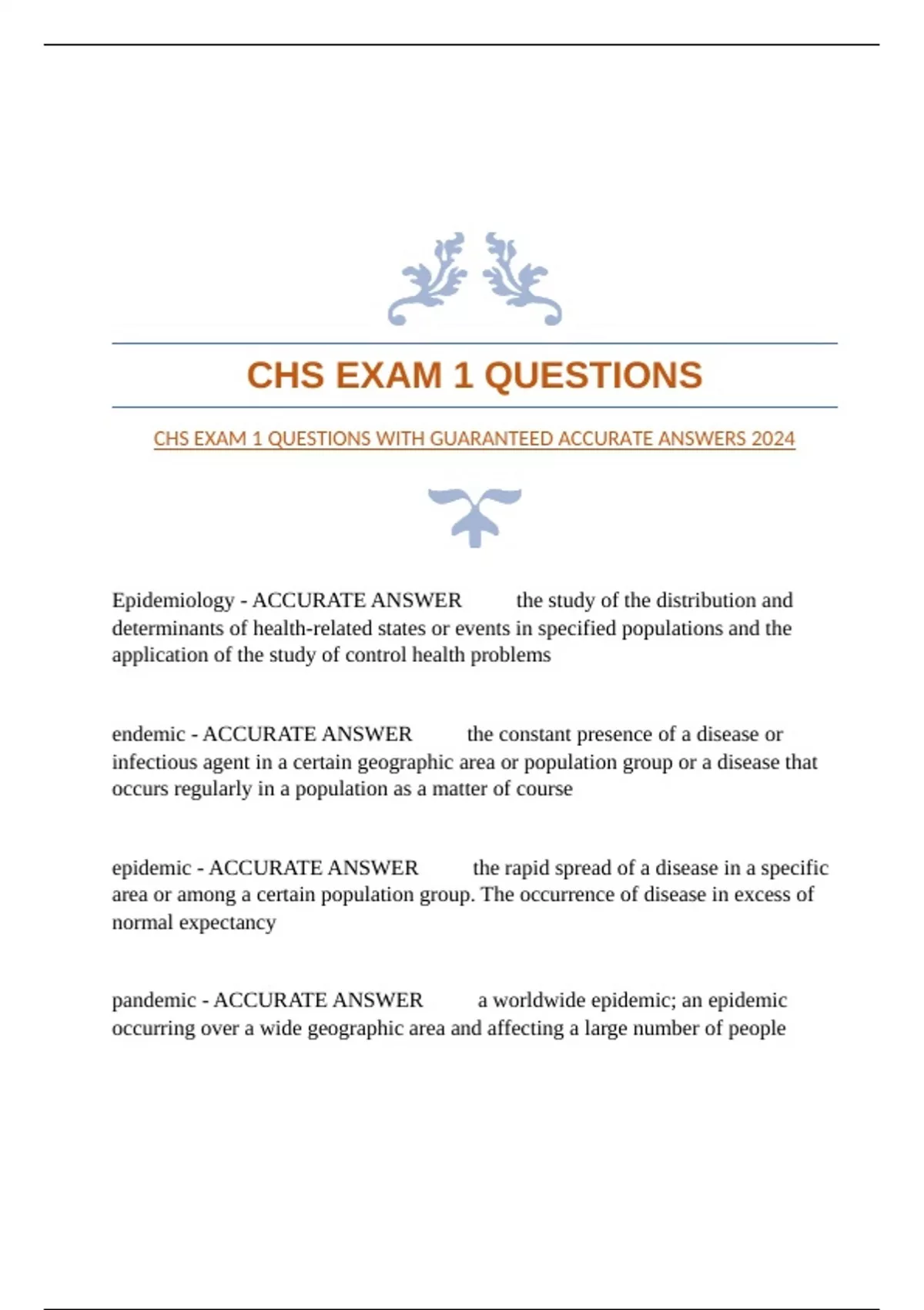 CHS EXAM 1 QUESTIONS WITH GUARANTEED ACCURATE ANSWERS 2024 - CHS ...
