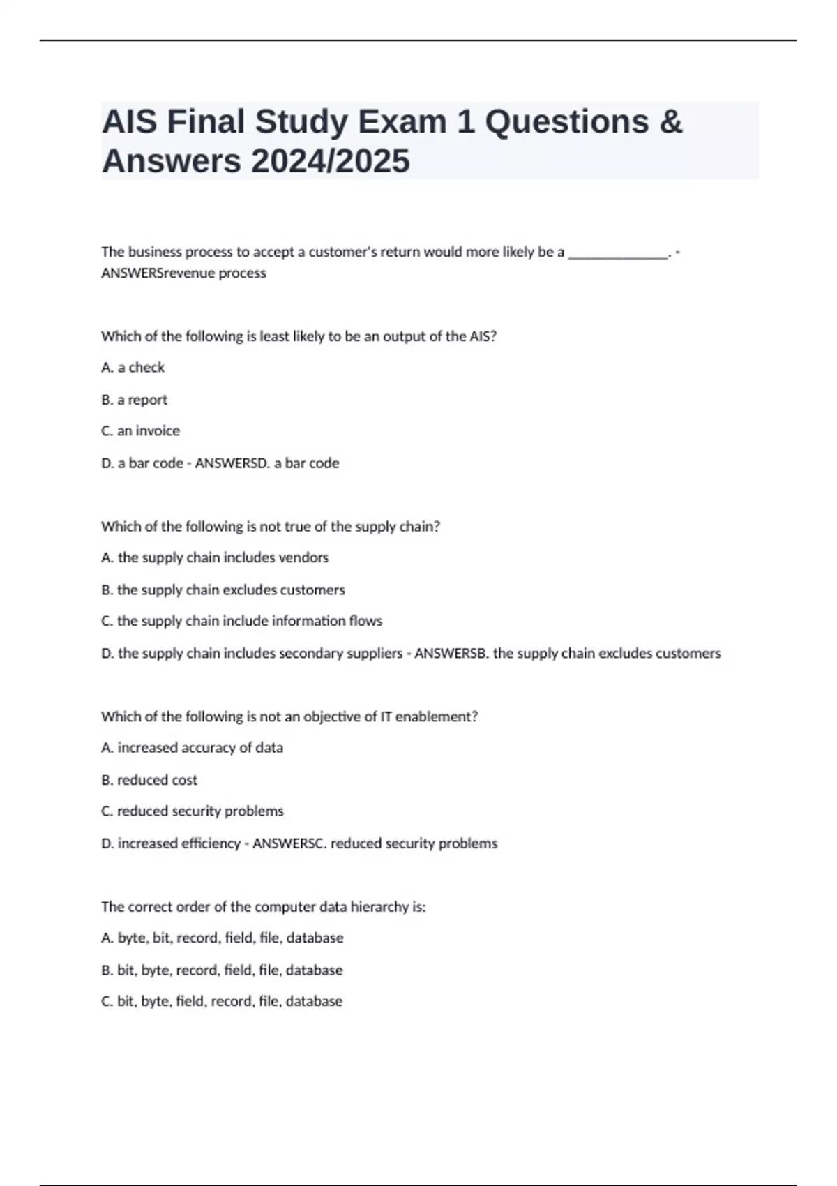 AIS Final Study Exam 1 Questions & Answers 2024/2025 - AIS - Stuvia US