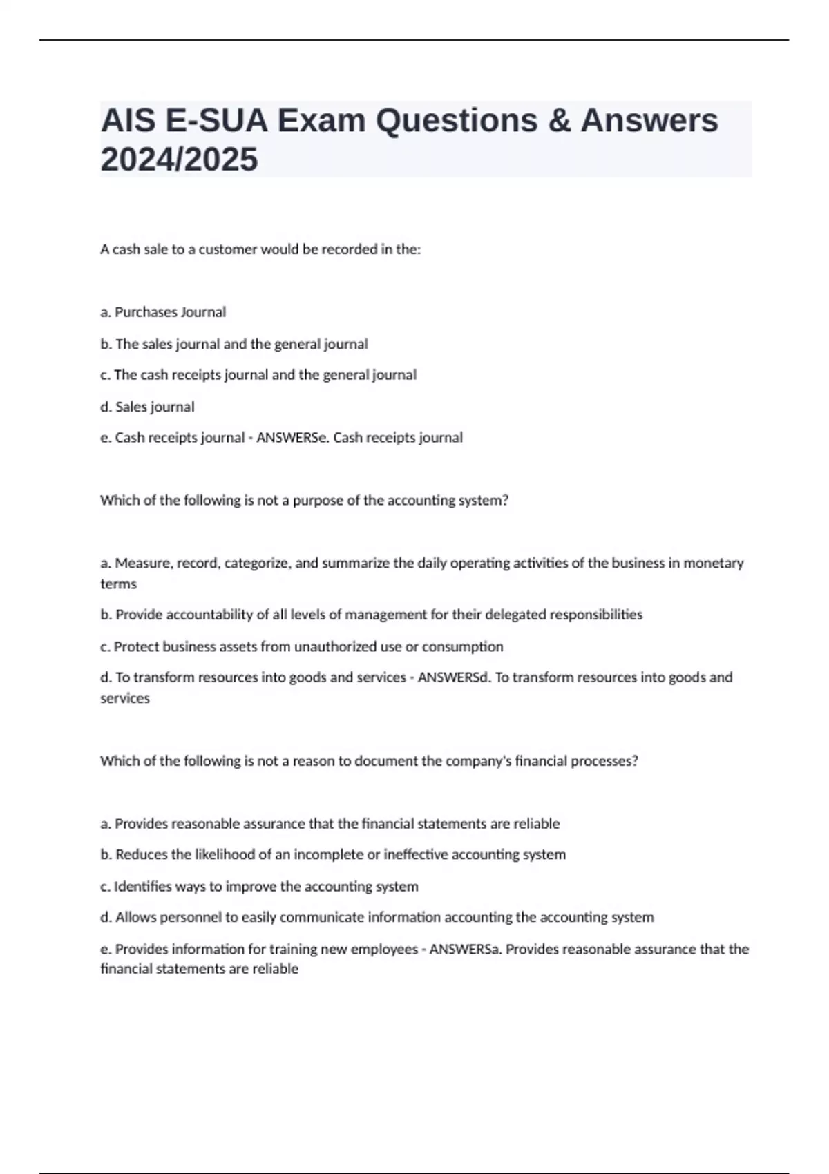 AIS E-SUA Exam Questions & Answers 2024/2025 - AIS E-SUA - Stuvia US