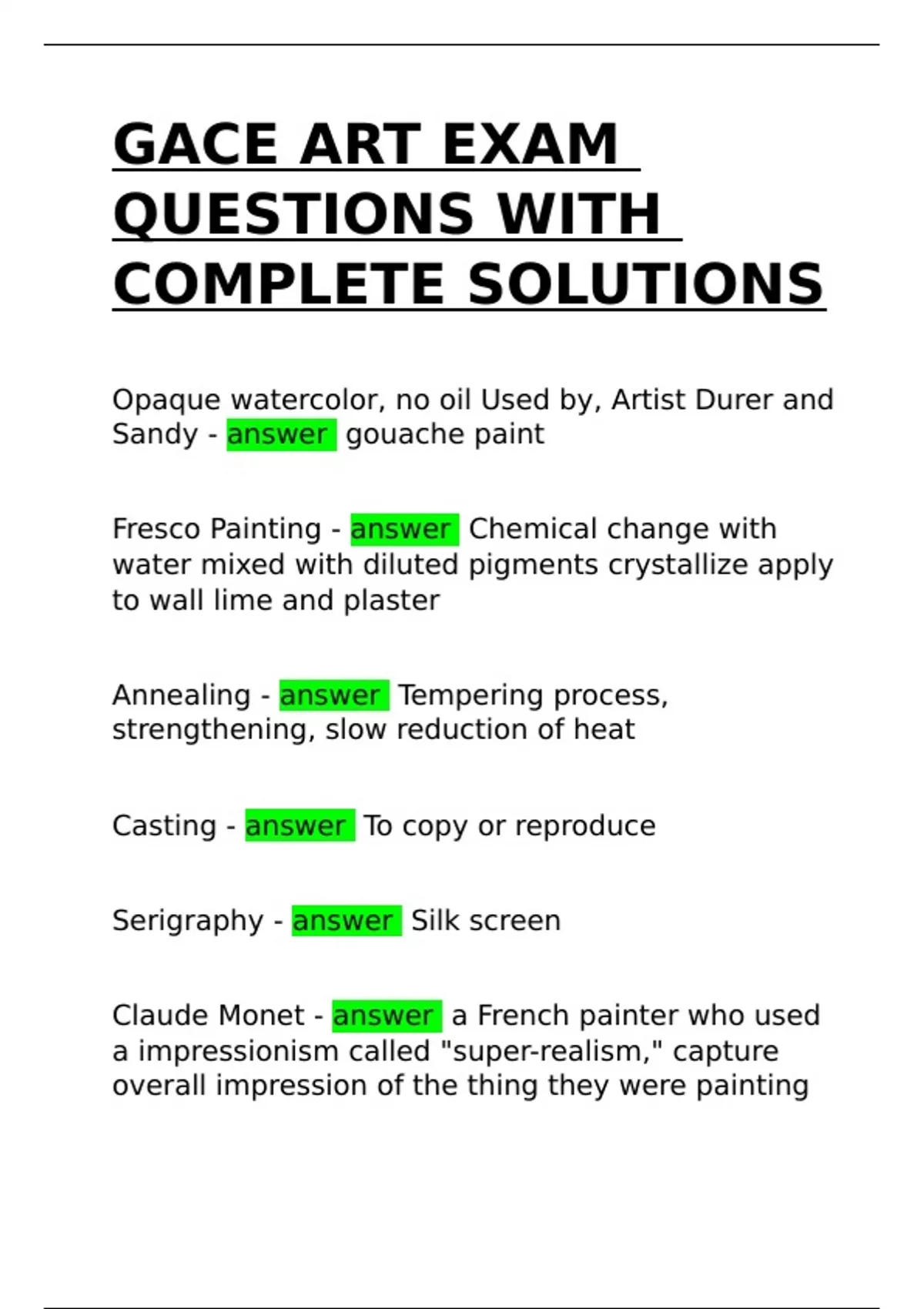 GACE ART EXAM QUESTIONS WITH COMPLETE SOLUTIONS - GACE ELEMENTARY ...
