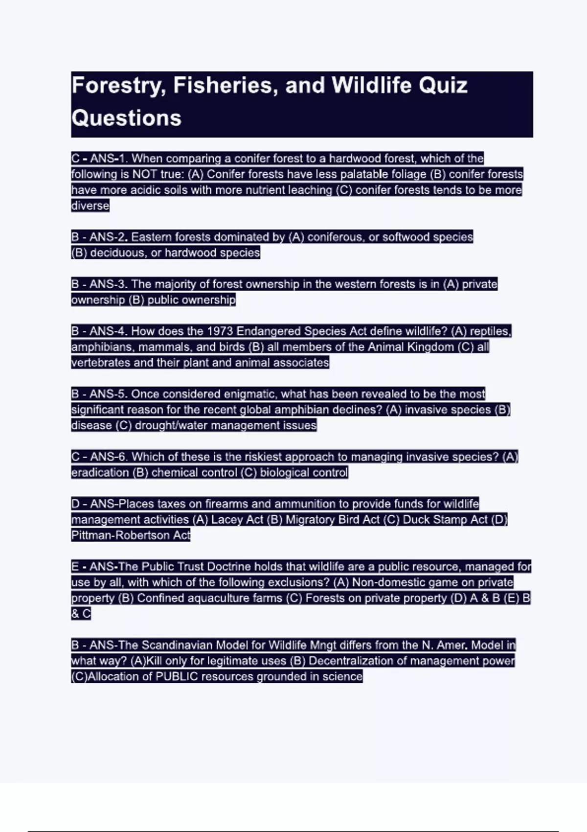 Forestry, Fisheries, and Wildlife Quiz Questions & 100% Verified ...