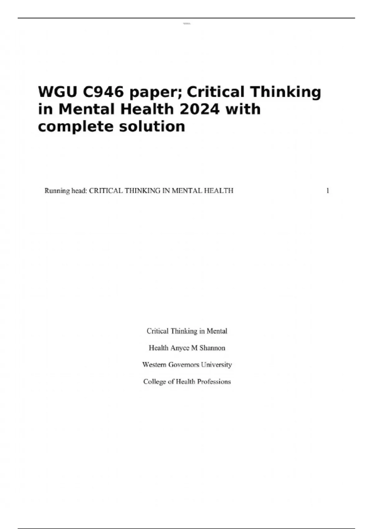 WGU C946 paper; Critical Thinking in Mental Health 2024 with complete solution - C946 - Stuvia US