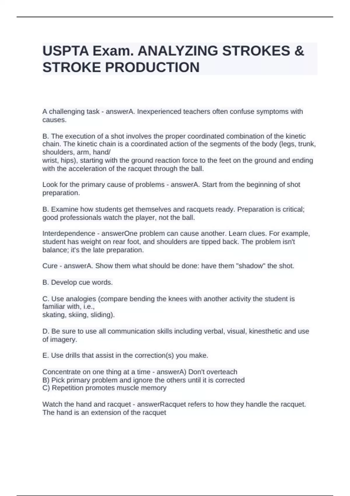 USPTA Exam. ANALYZING STROKES & STROKE PRODUCTION QUESTIONS WITH ...