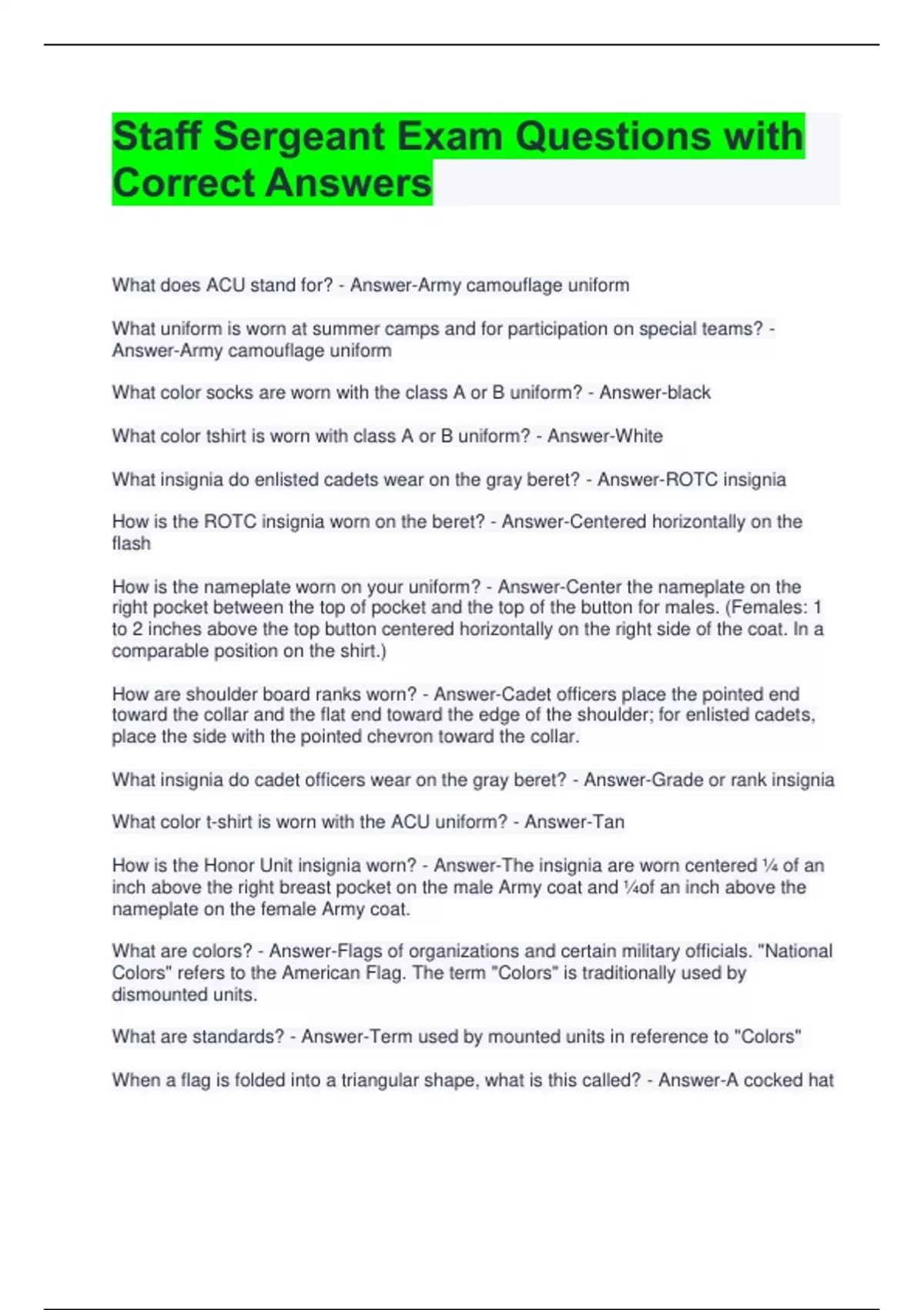 Staff Sergeant Exam Questions with Correct Answers - Staff Sergeant ...