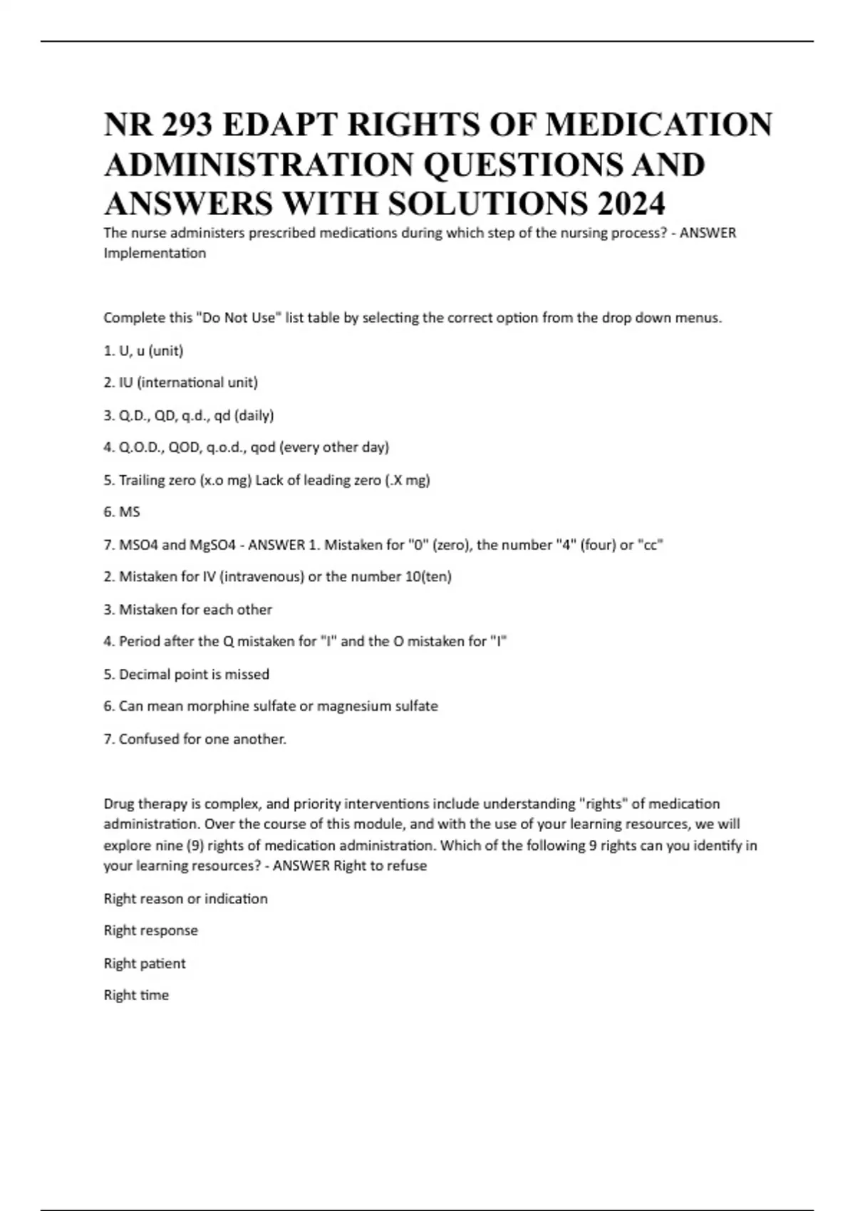 NR 293 EDAPT RIGHTS OF MEDICATION ADMINISTRATION QUESTIONS AND ANSWERS ...