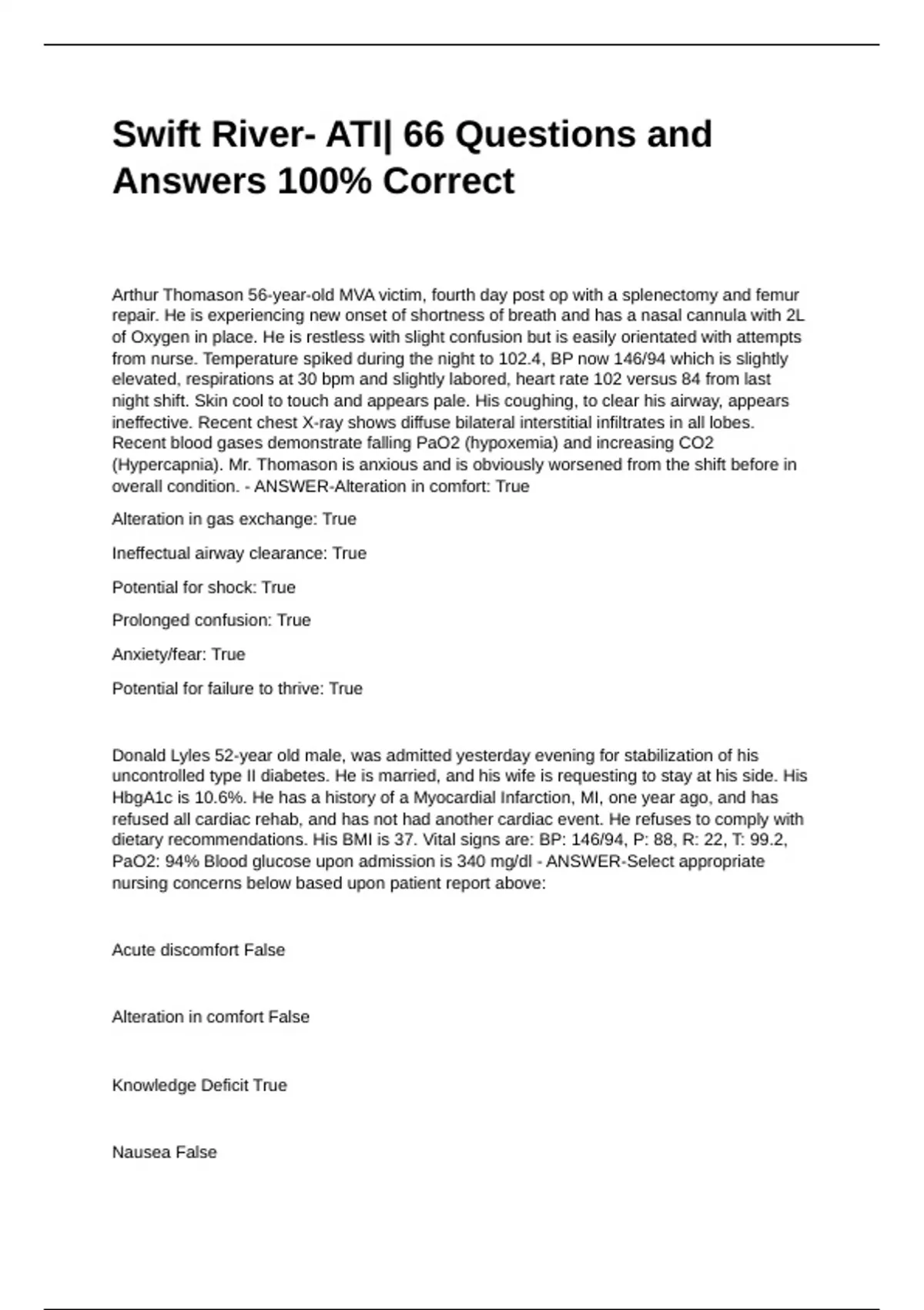 Swift River- ATI| 66 Questions and Answers 100% Correct - Swift River ...