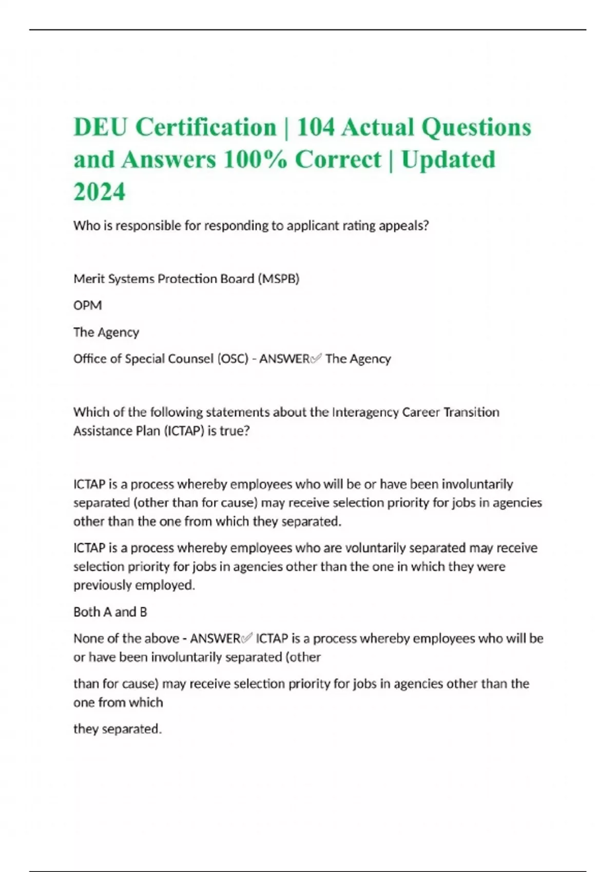 DEU Certification | 104 Actual Questions and Answers 100% Correct ...