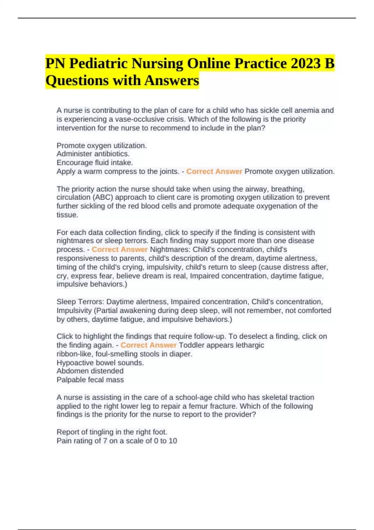 PN Pediatric Nursing Online Practice 2023 B Questions with Answers ...