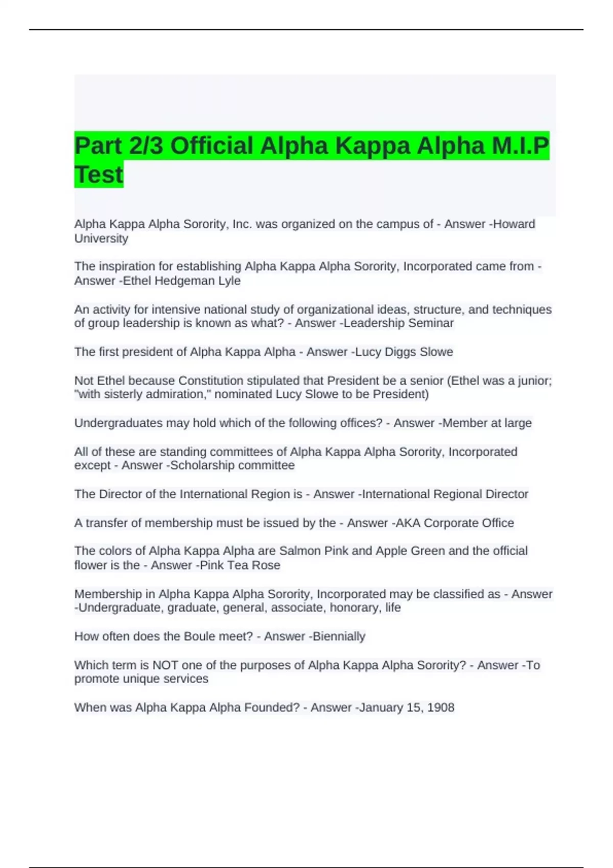 Official Alpha Kappa Alpha MIP Test Questions and Answers - Official ...