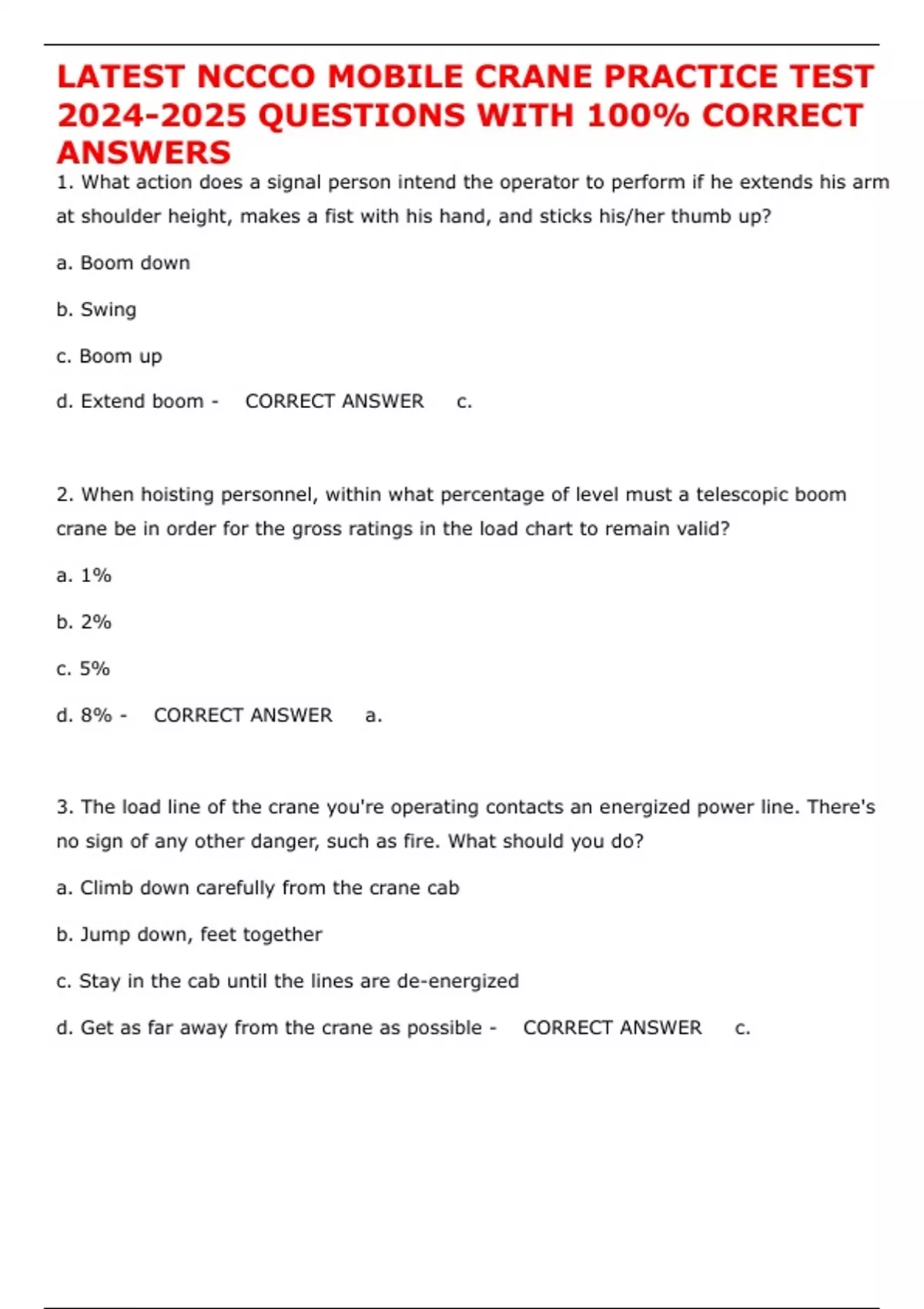 LATEST NCCCO MOBILE CRANE PRACTICE TEST QUESTIONS WITH 100% CORRECT ...