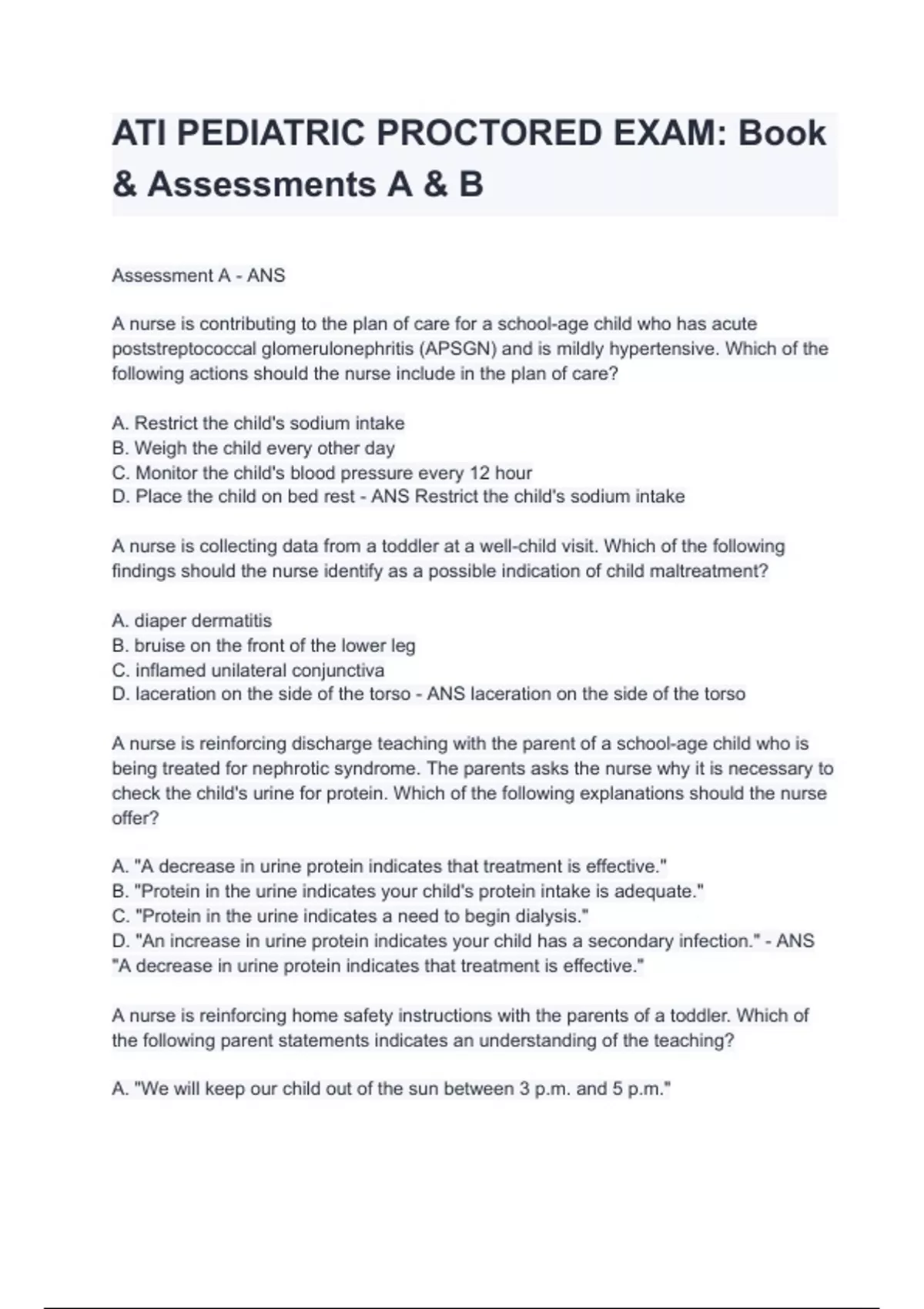 ATI PEDIATRIC PROCTORED EXAM: Book & Assessments A & B Exam 2024/2025 Questions With Completed ...