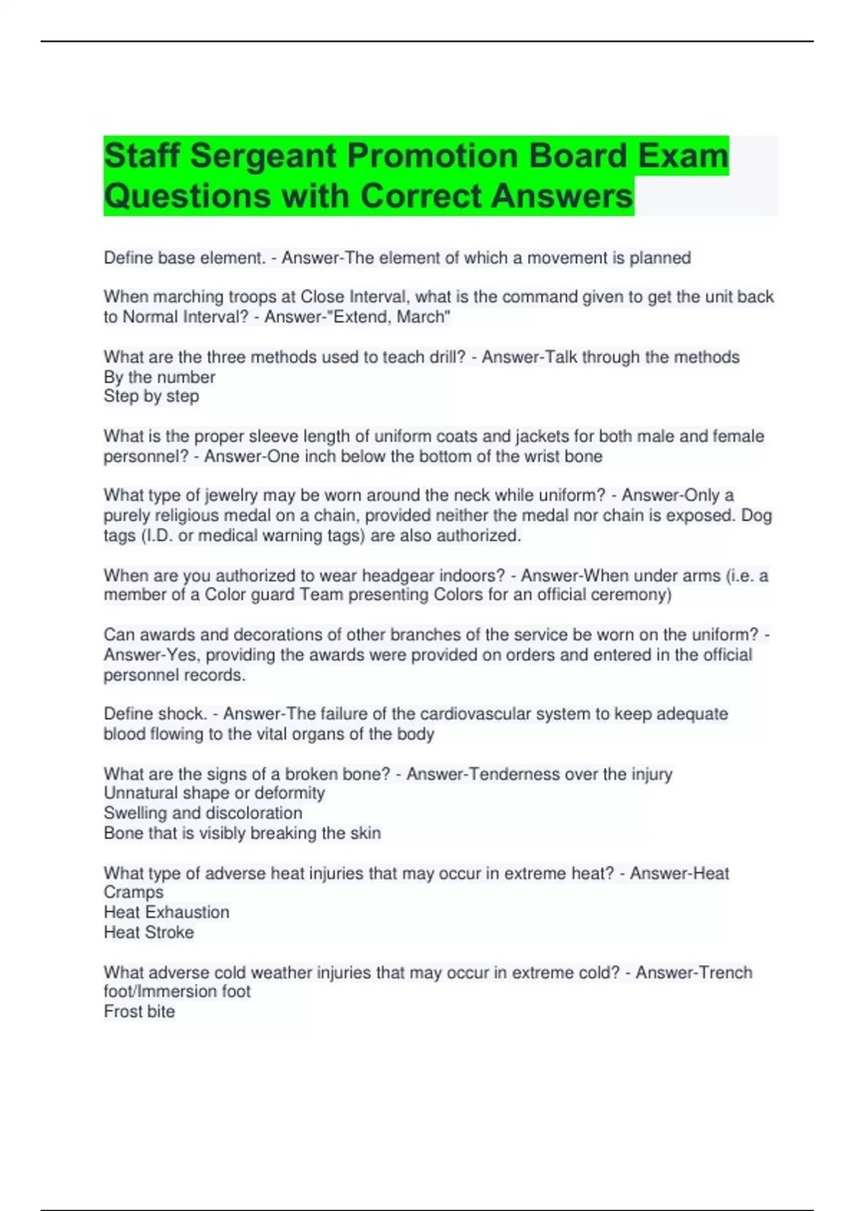 Staff Sergeant Promotion Board Exam Questions with Correct Answers ...