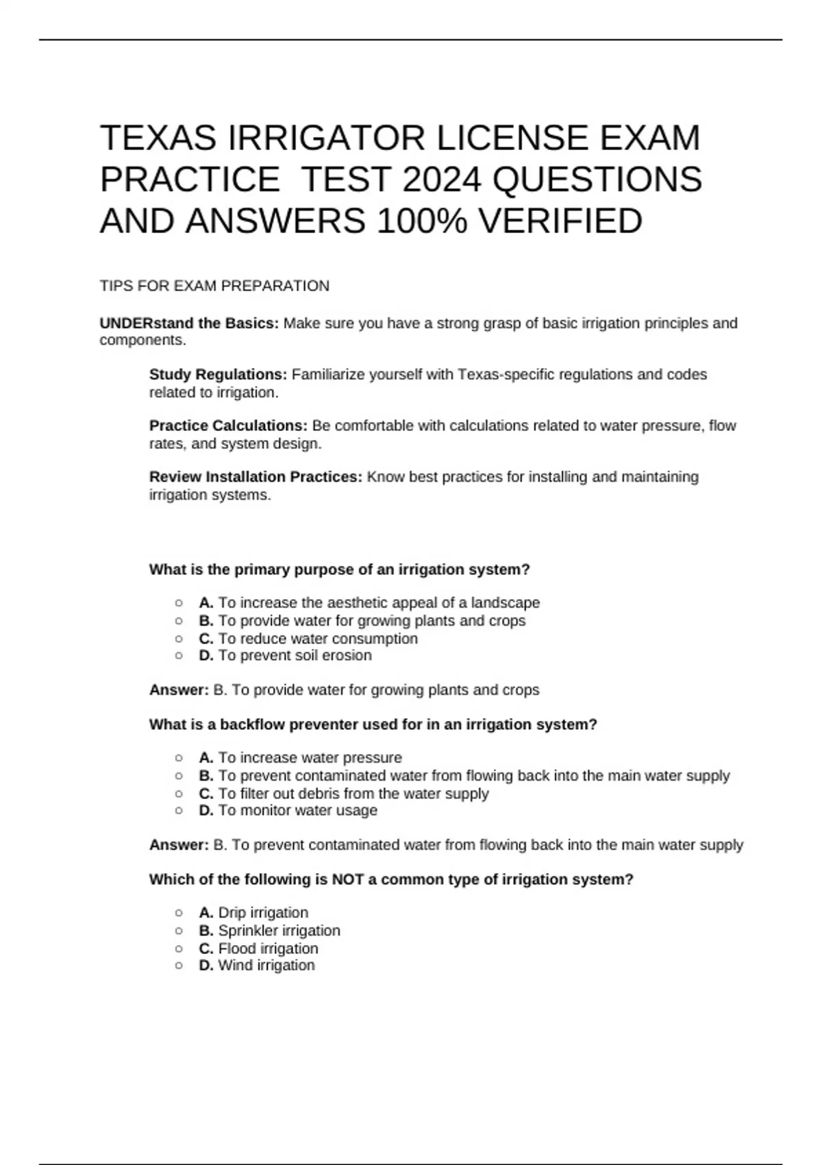 TEXAS IRRIGATOR LICENSE EXAM PRACTICE TEST 2024 QUESTIONS AND ANSWERS ...
