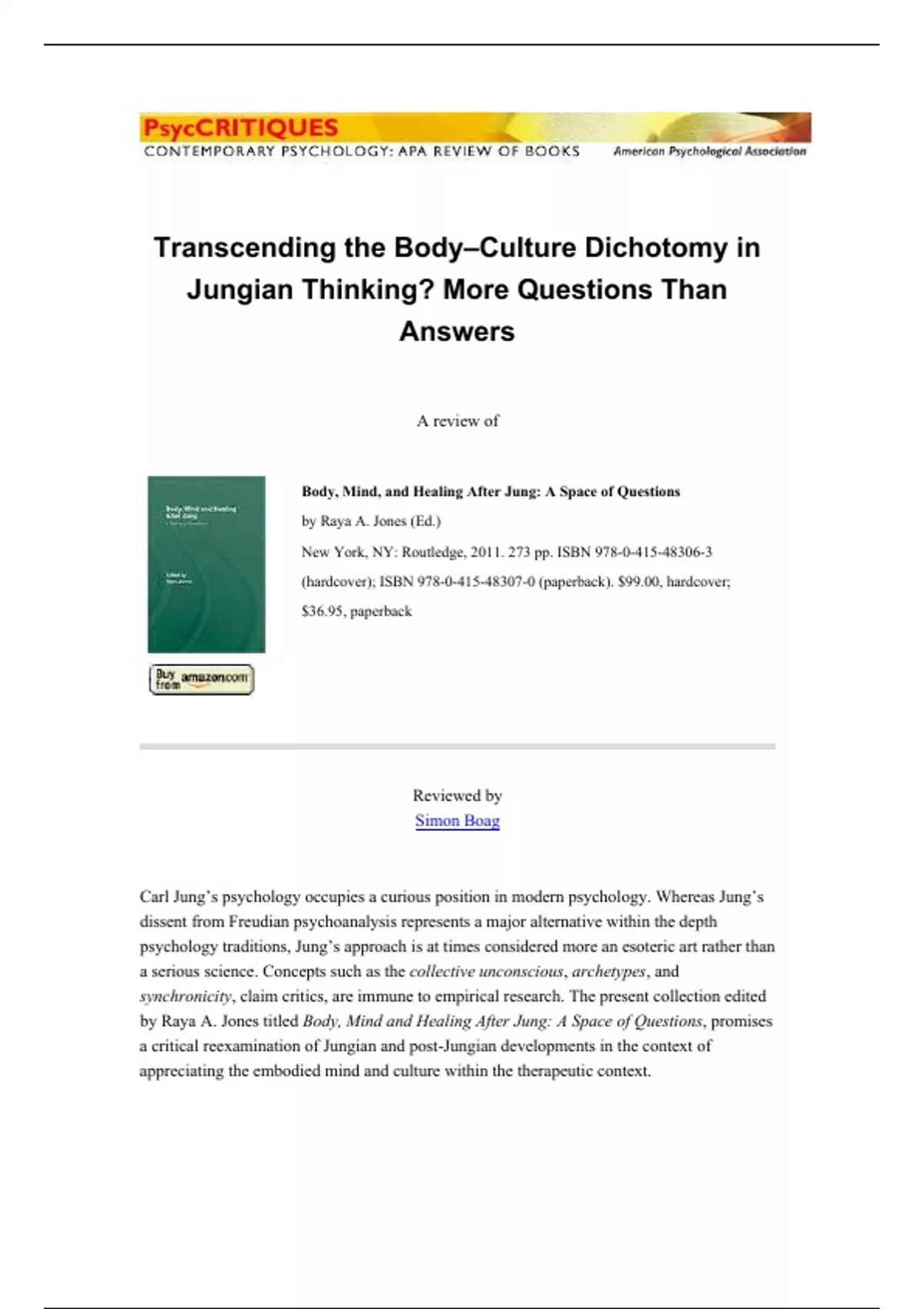 Transcending the Body–Culture Dichotomy in Jungian Thinking? More ...