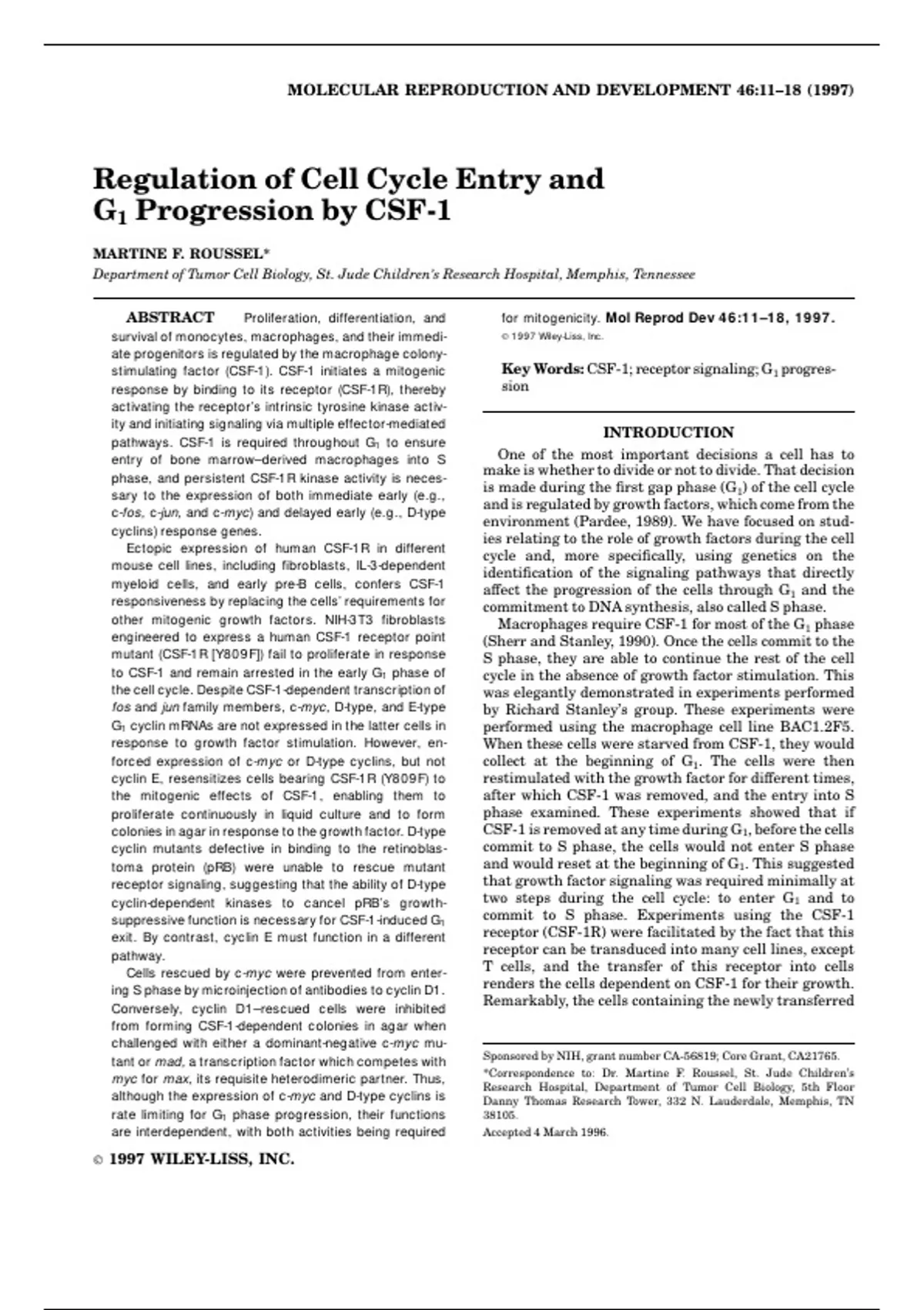 Regulation Of Cell Cycle Entry And G1 Progression By Csf 1 Regulation Of Cell Cycle Entry And