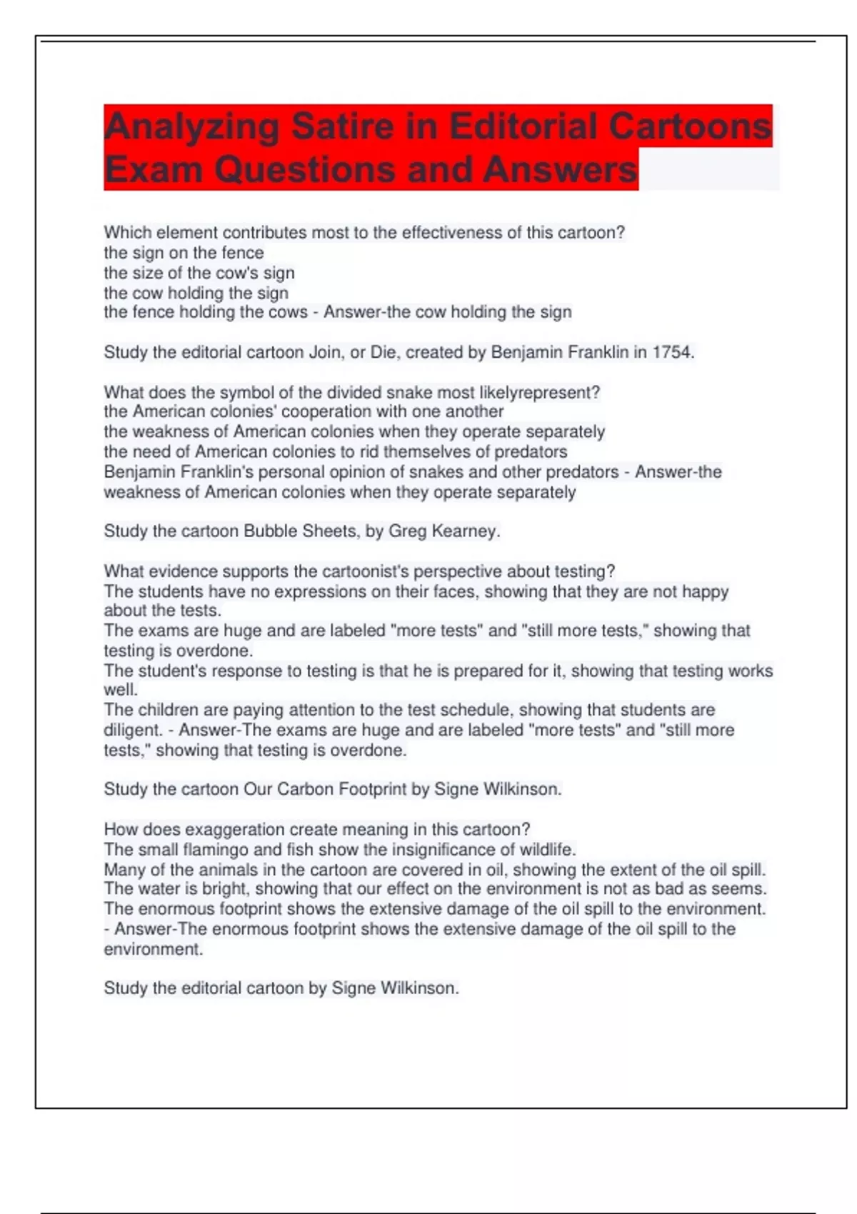 Analyzing Satire in Editorial Cartoons Exam Questions and Answers ...