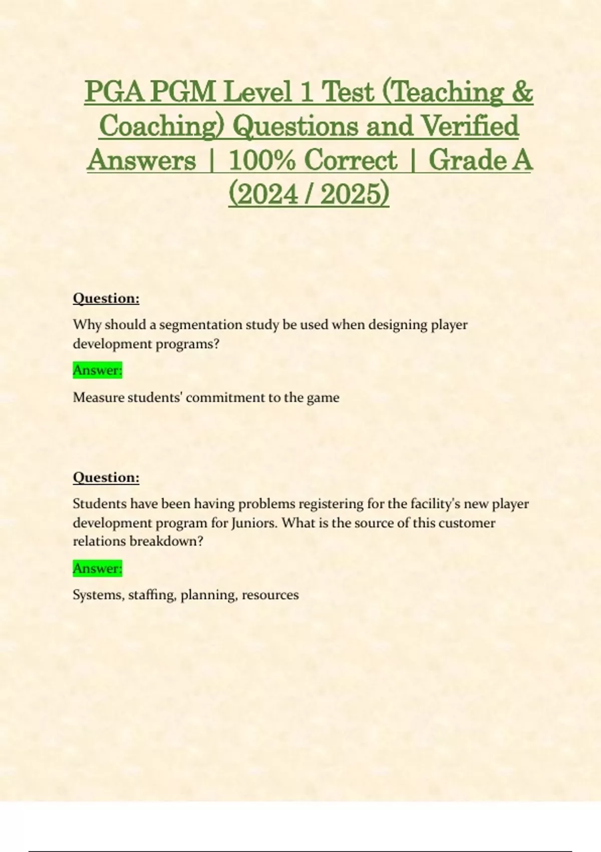 PGA PGM Level 1 Test (Teaching & Coaching) Questions and Verified ...