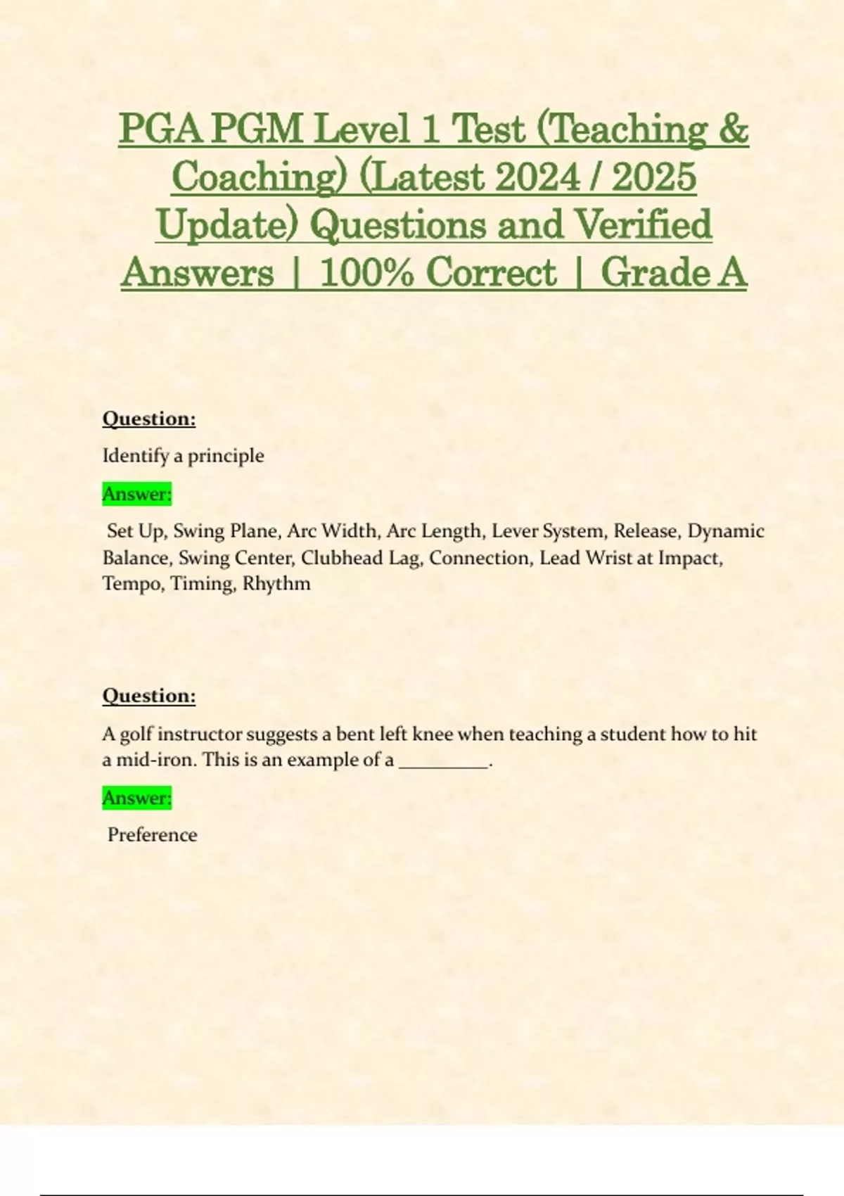 PGA PGM Level 1 Test (Teaching & Coaching) (Latest 2024 / 2025 Update ...