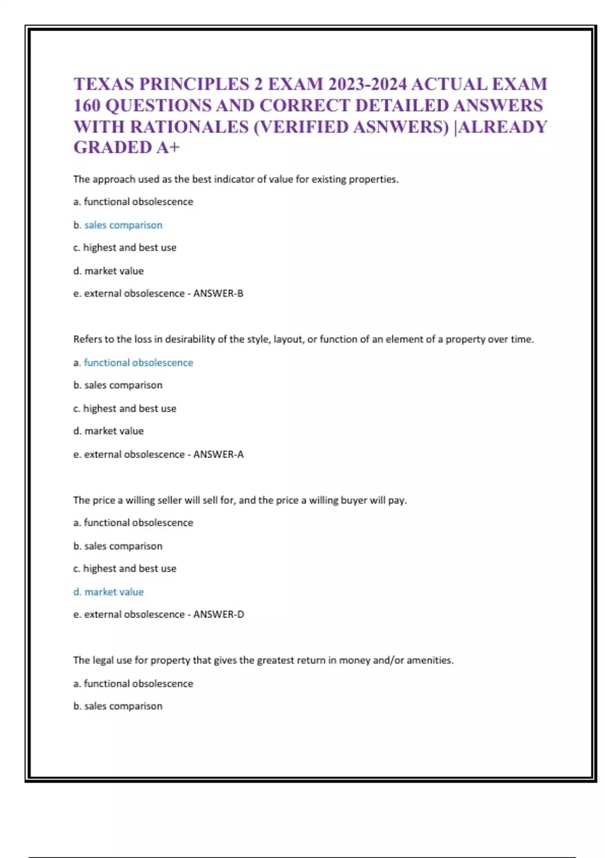 TEXAS PRINCIPLES 2 EXAM ACTUAL EXAM 160 QUESTIONS AND CORRECT DETAILED ...