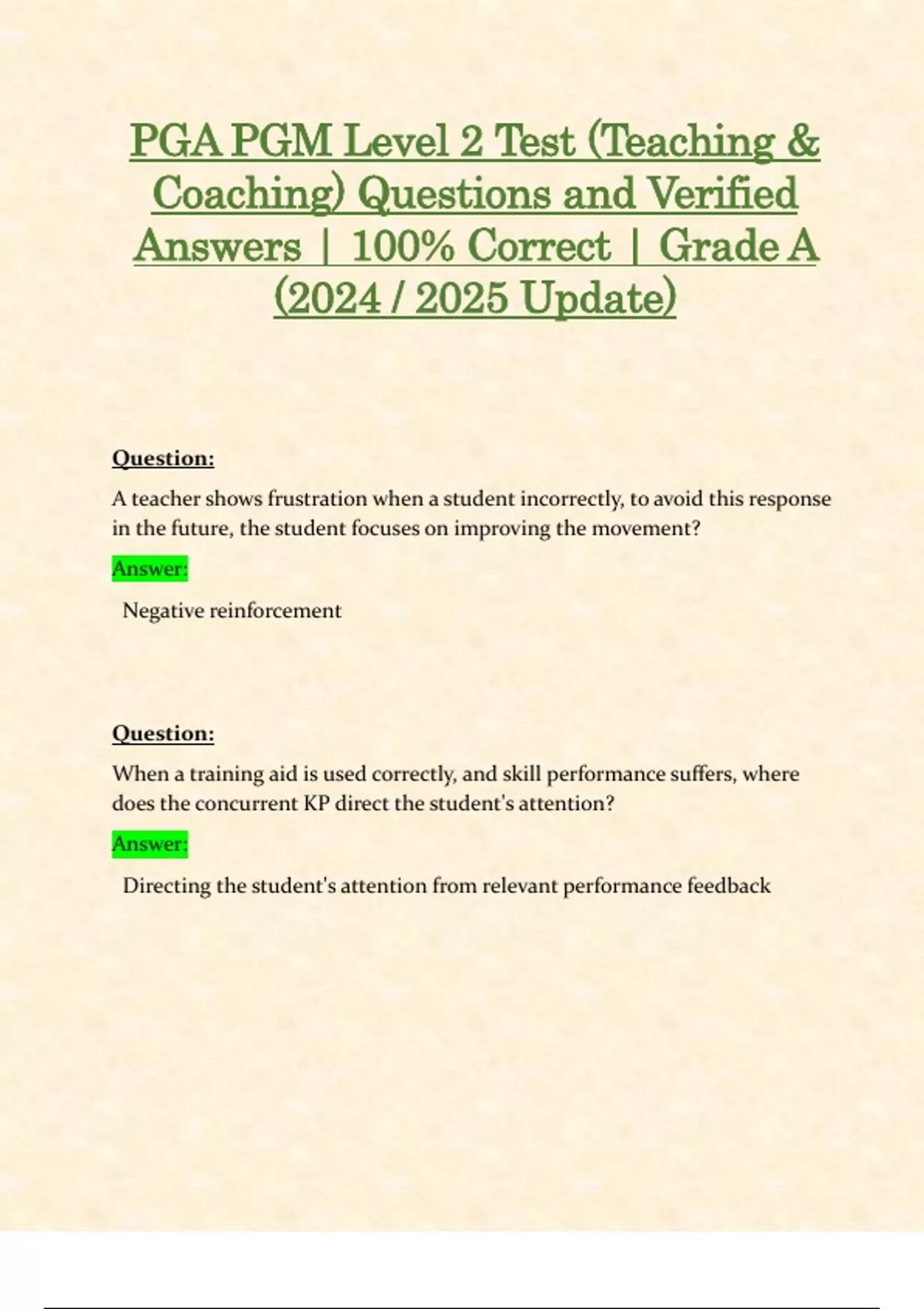 PGA PGM Level 2 Test (Teaching & Coaching) Questions and Verified ...