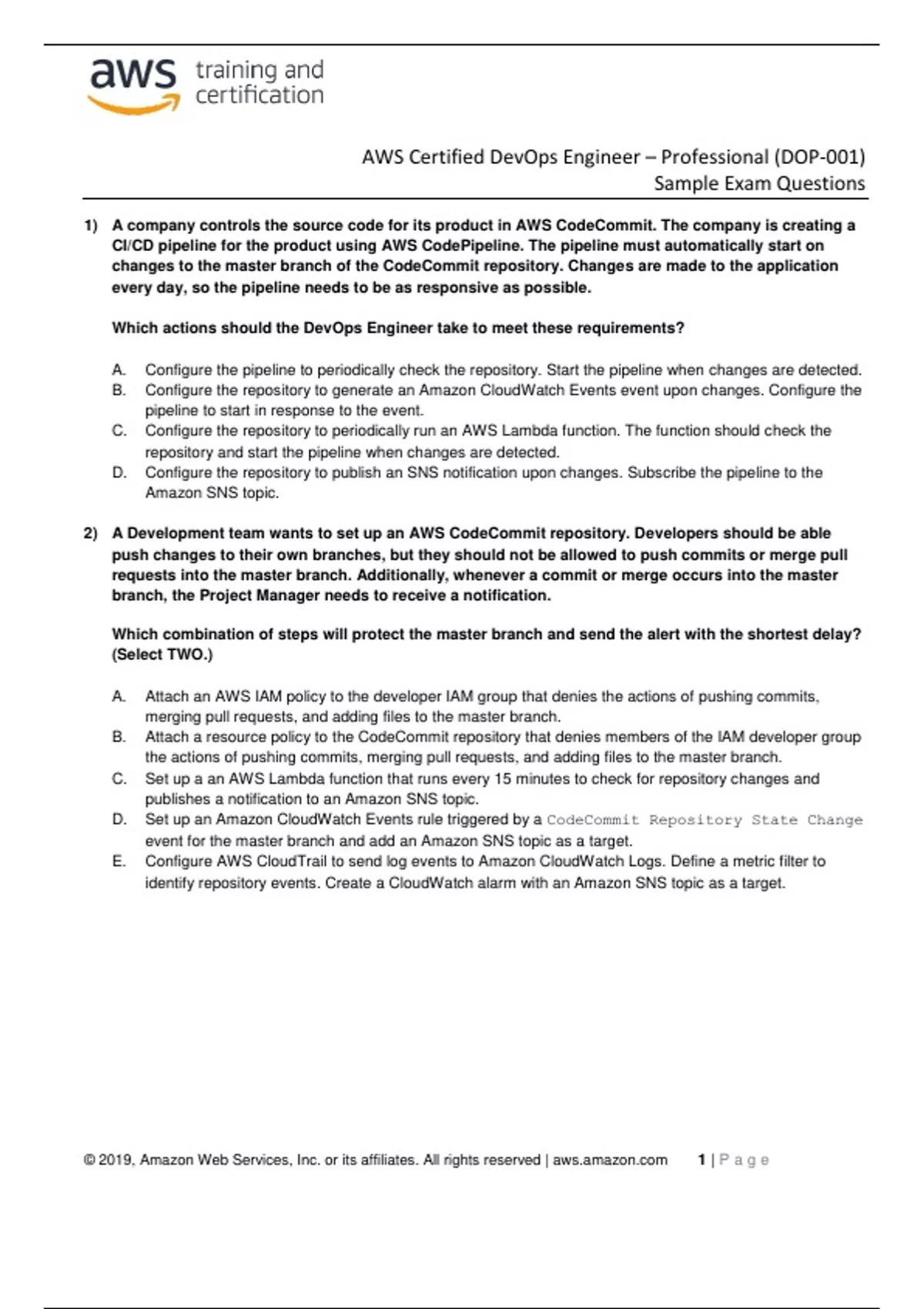 AWS Certified DevOps Engineer – Professional (DOP-001) Sample Exam ...