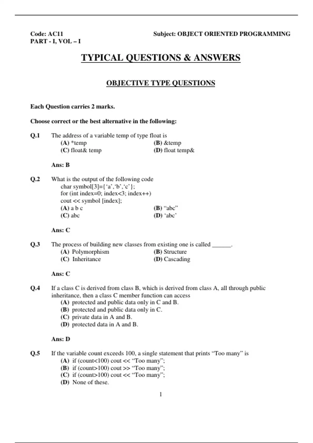 Code Ac11 Subject Object Oriented Programming Object Oriented