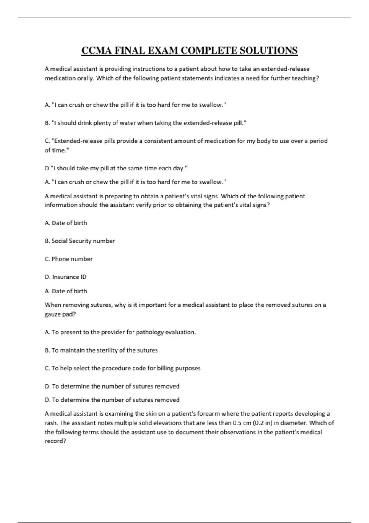 CCMA FINAL EXAM COMPLETE SOLUTIONS - CCMA EXM COMPLETE SOLUTION - Stuvia US