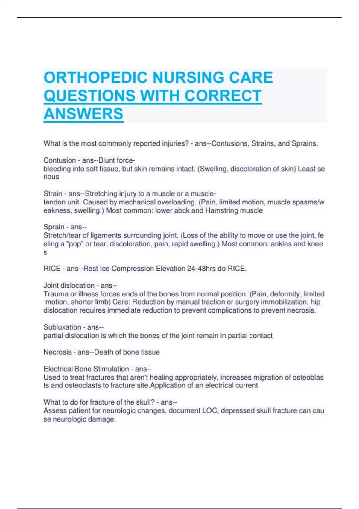 ORTHOPEDIC NURSING CARE QUESTIONS WITH CORRECT ANSWERS - Orthopaedic ...