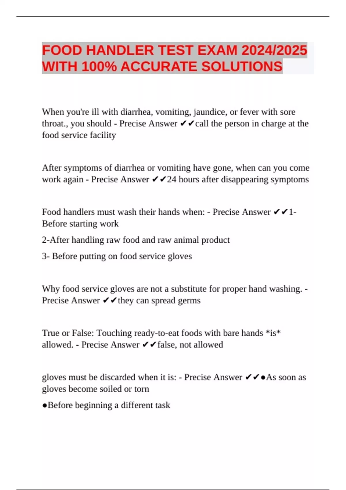 FOOD HANDLER TEST EXAM 2024/2025 WITH 100% ACCURATE SOLUTIONS - FOOD ...