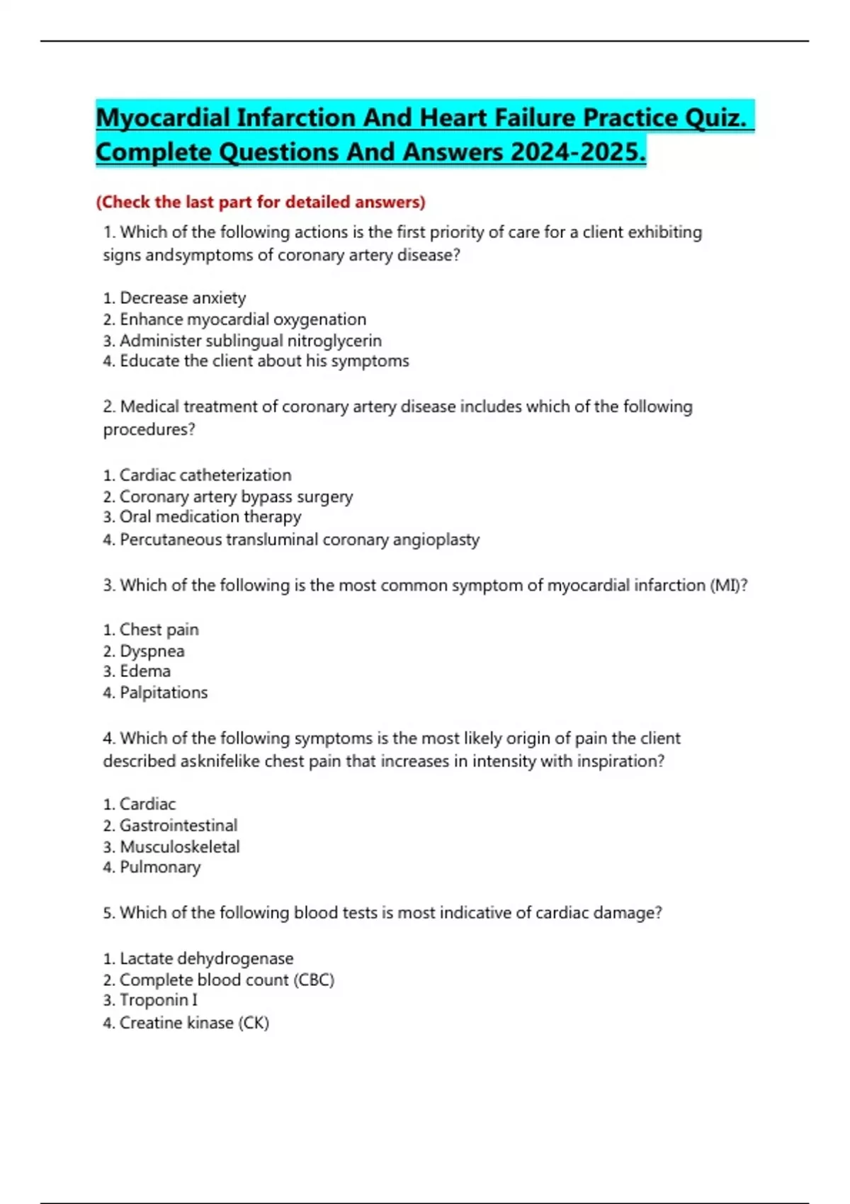 Myocardial Infarction And Heart Failure Practice Quiz. Complete ...