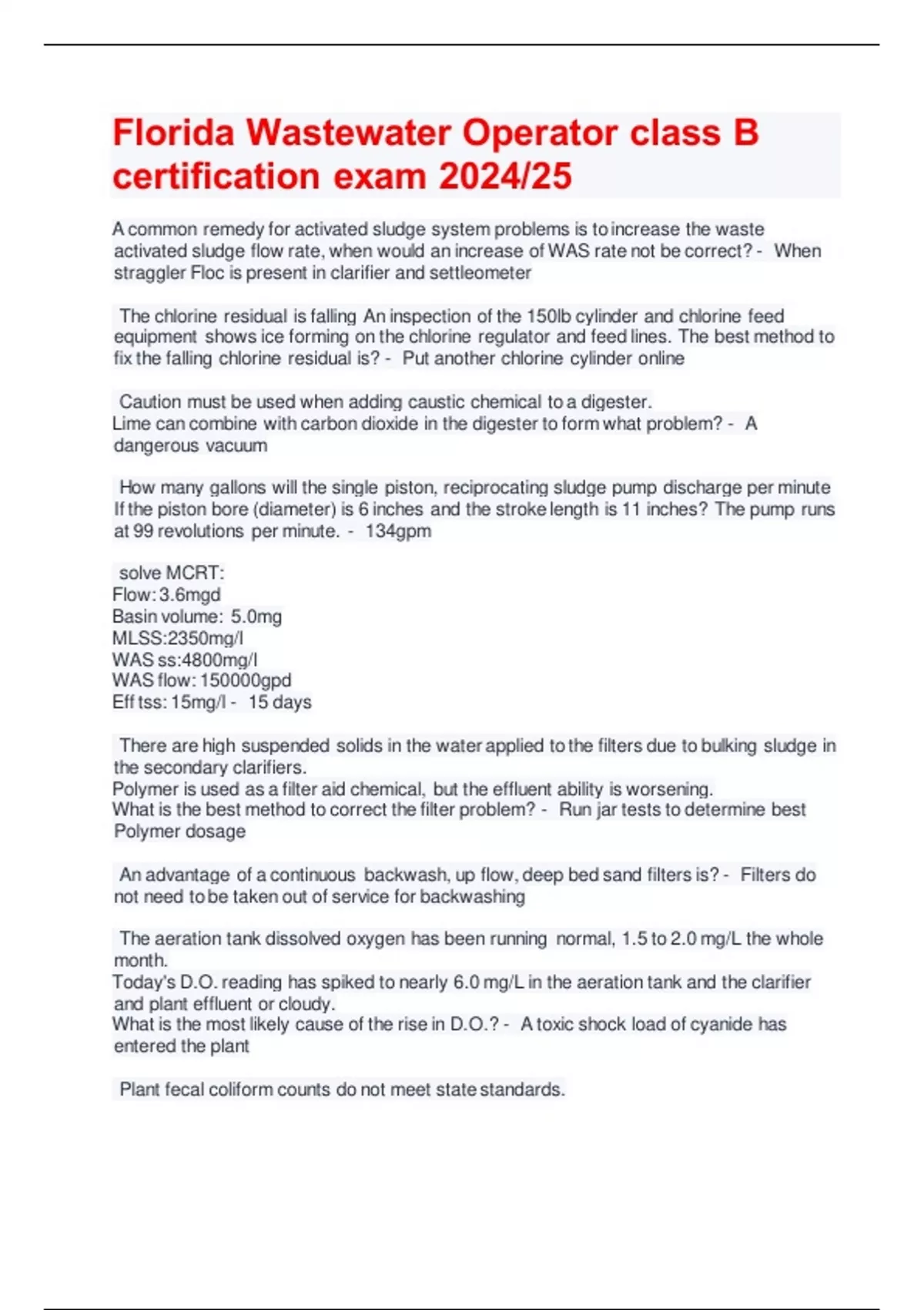 Florida Wastewater Operator class B certification exam 2024/25 ...