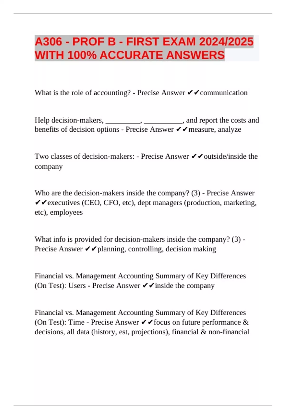 A306 - PROF B - FIRST EXAM 2024/2025 WITH 100% ACCURATE ANSWERS - A306 ...